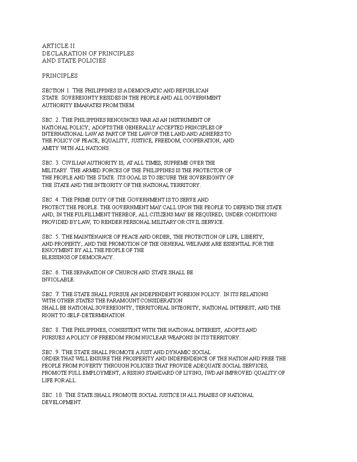 Article II SEC 1-28 - Pol Sci notes - ARTICLE II DECLARATION OF ...