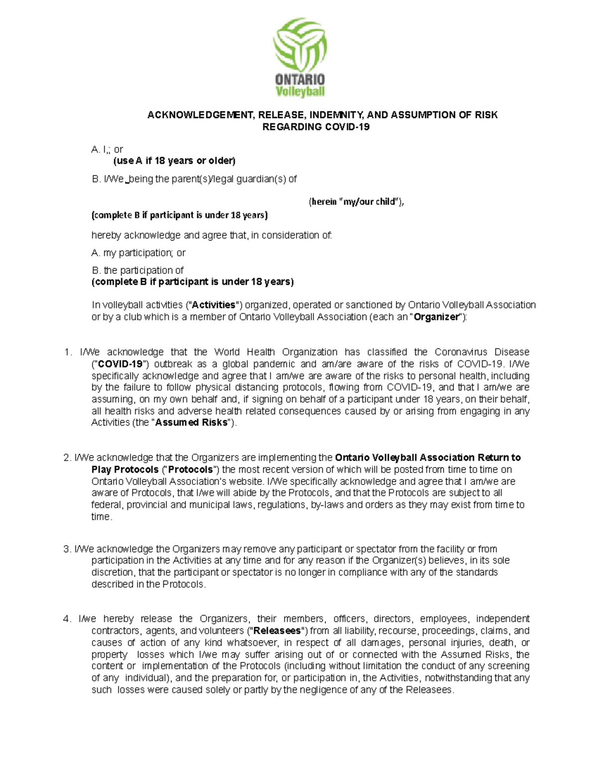 Assumption of Risk - notes - ACKNOWLEDGEMENT, RELEASE, INDEMNITY, AND ...