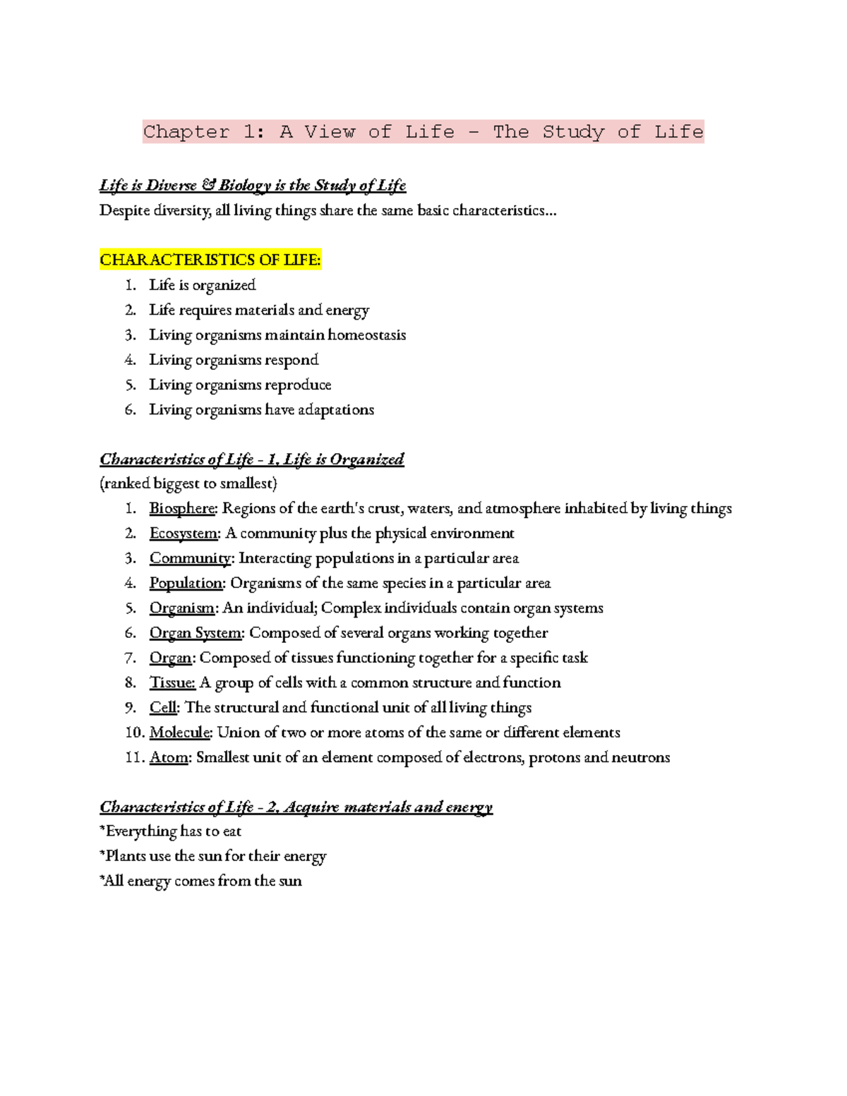 Bio Exam #1 Study Guide - UWO Biology lecture review notes. - Chapter 1 ...