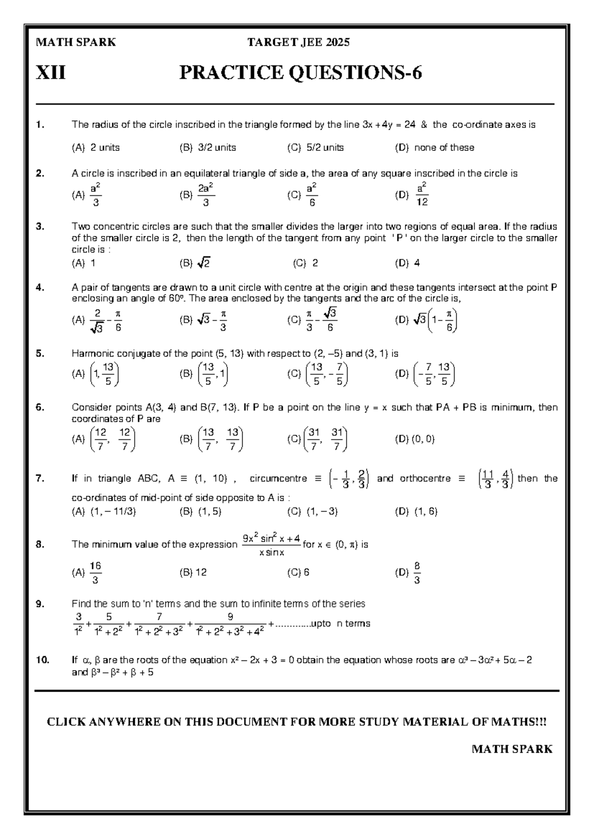 XII Maths Practice Questions-6 - MATH SPARK TARGET JEE 2025 XII ...