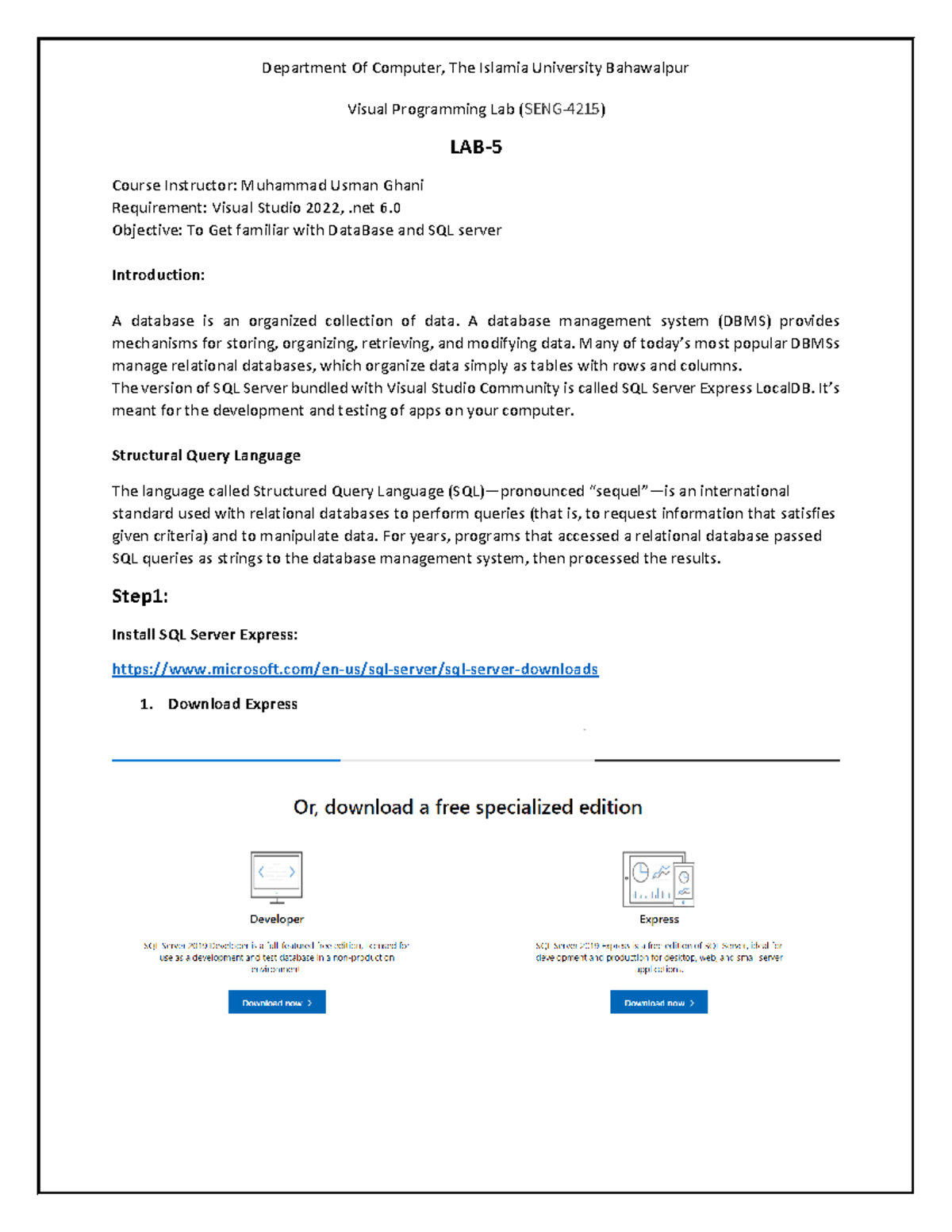 Visual Programming Lab 5 - net 6. Objective: To Get familiar with DataBase and SQL server - Studocu