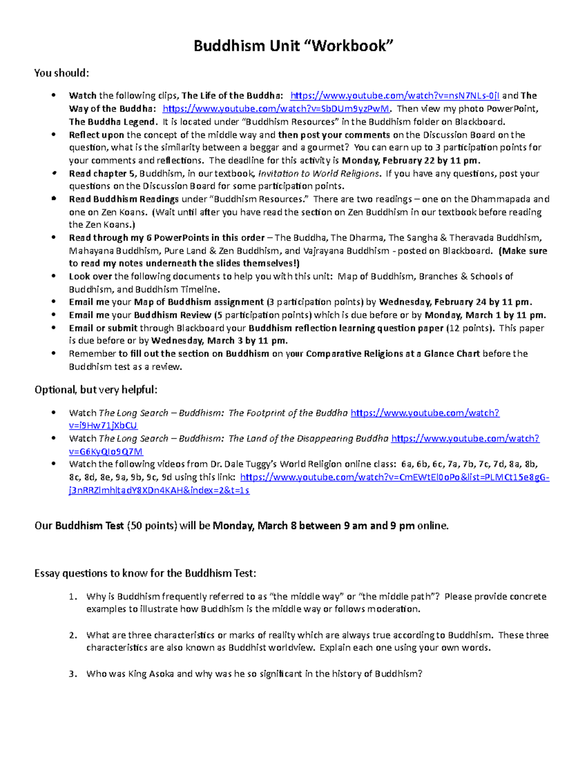 Buddhism Workbook - lecture notes - Buddhism Unit “Workbook” You should ...