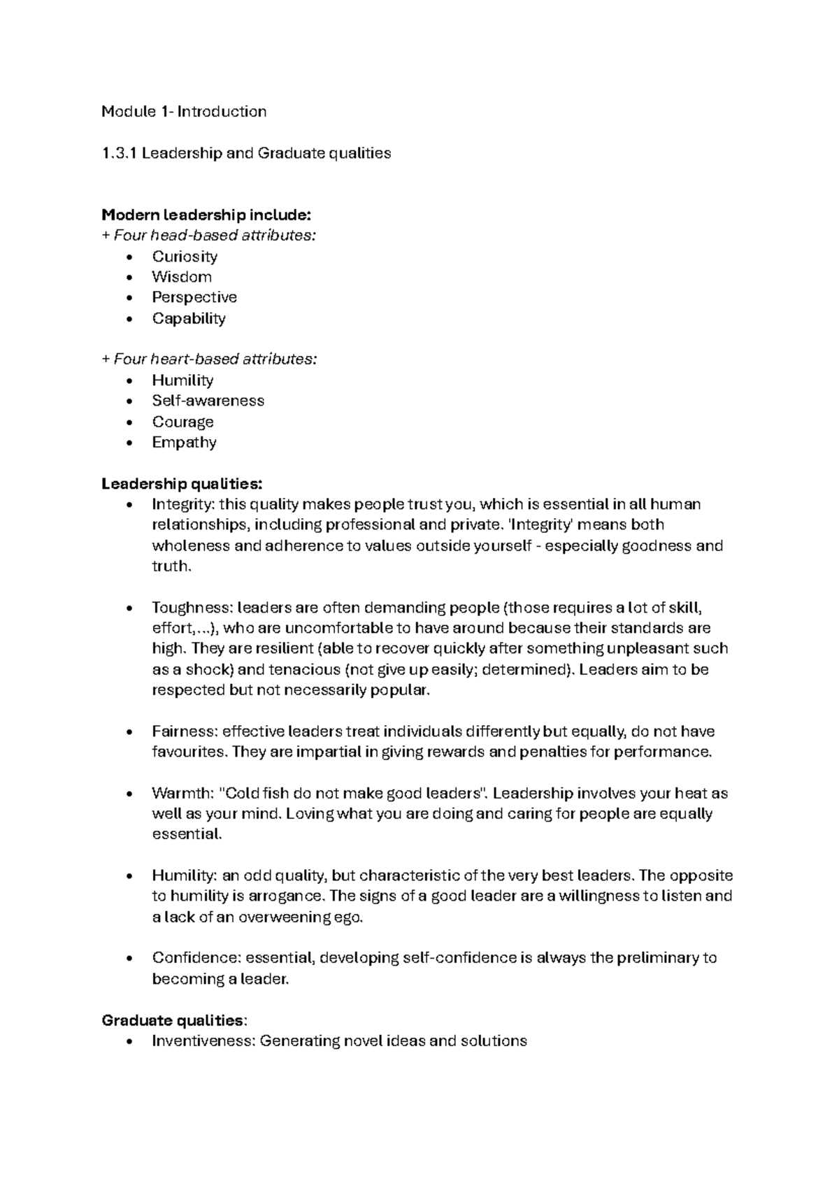 BUSS2000 Theme 1 Notes - Module 1- Introduction 1.3 Leadership and ...