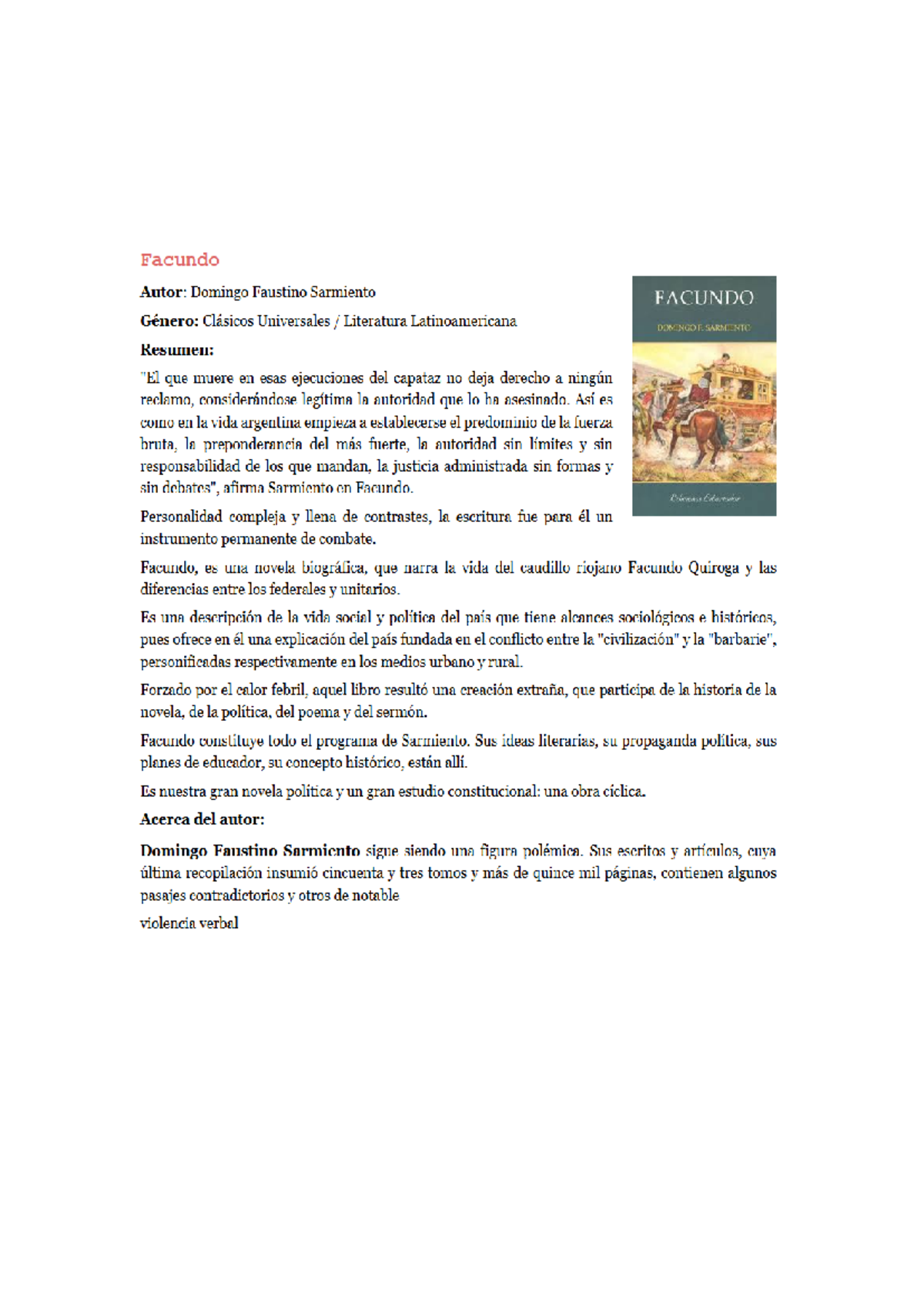 Liter 4 - LECTURA - Facundo Autor: Domingo Faustino Sarmiento FACUNDO Género: Clásicos ...