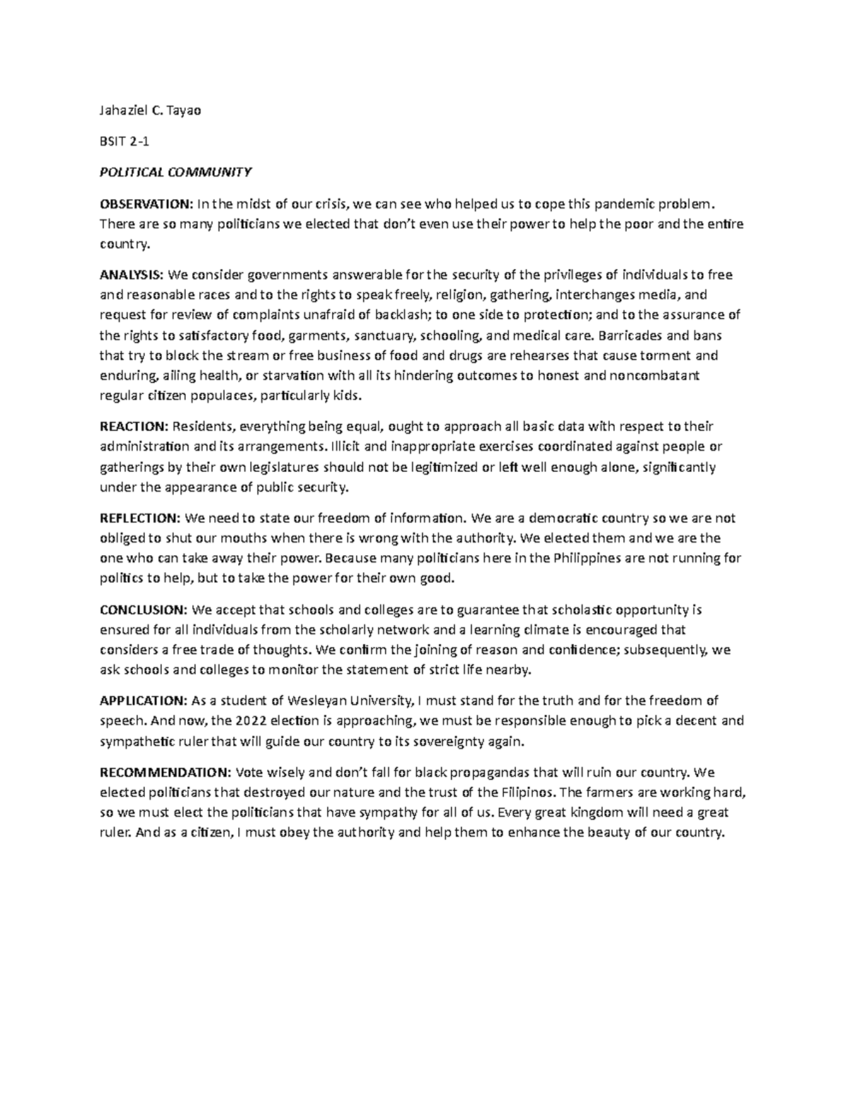 Political community - Lecture notes 1 - Jahaziel C. Tayao BSIT 2 ...