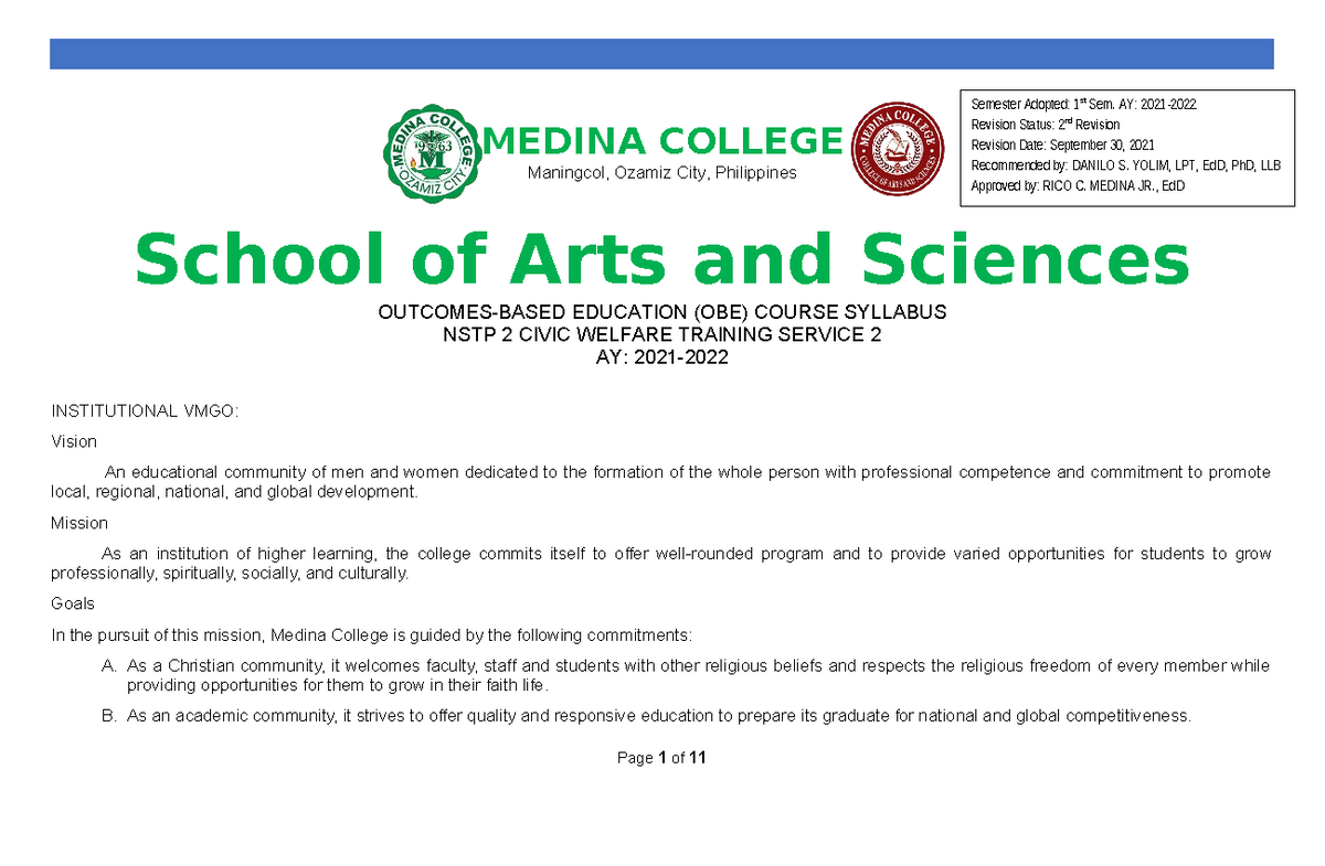 NSTP 2 - nursing - Semester Adopted: 1st Sem. AY: 2021- Revision Status ...