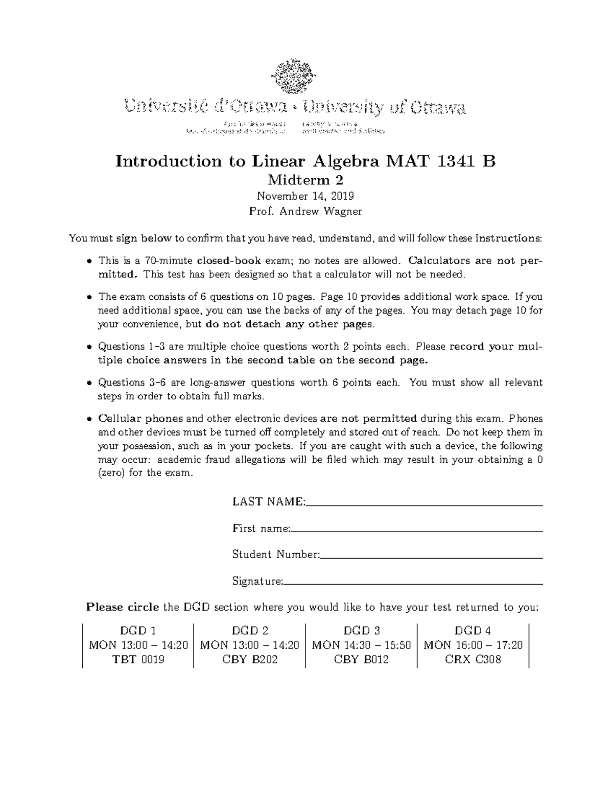 MAT1341 B Midterm 2 Version A - Introduction to Linear Algebra MAT 1341 B Midterm 2 November 14 ...