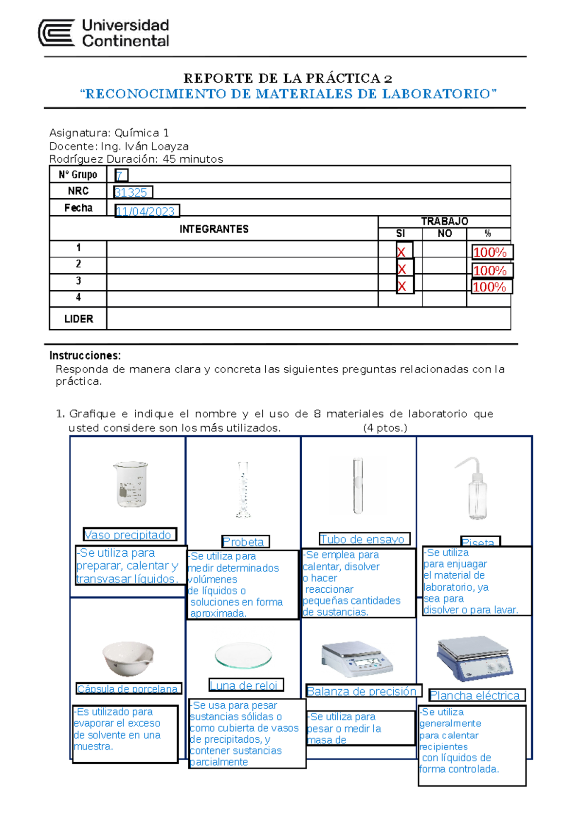 Semana 2 - Reporte Materiales de Laboratorio hecho - REPORTE DE LA PRÁCTICA 2 “RECONOCIMIENTO DE ...