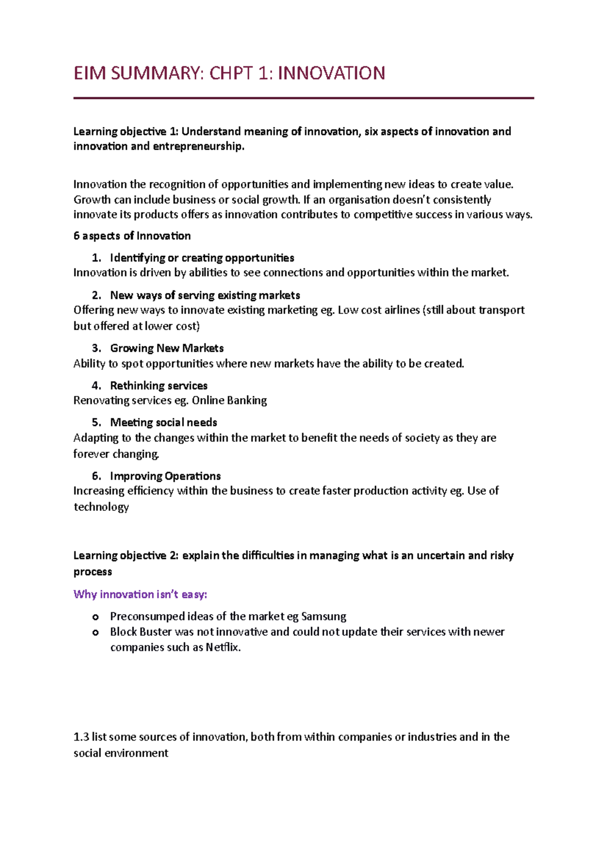 EIM Summary - EIM SUMMARY: CHPT 1: INNOVATION Learning objecive 1 ...
