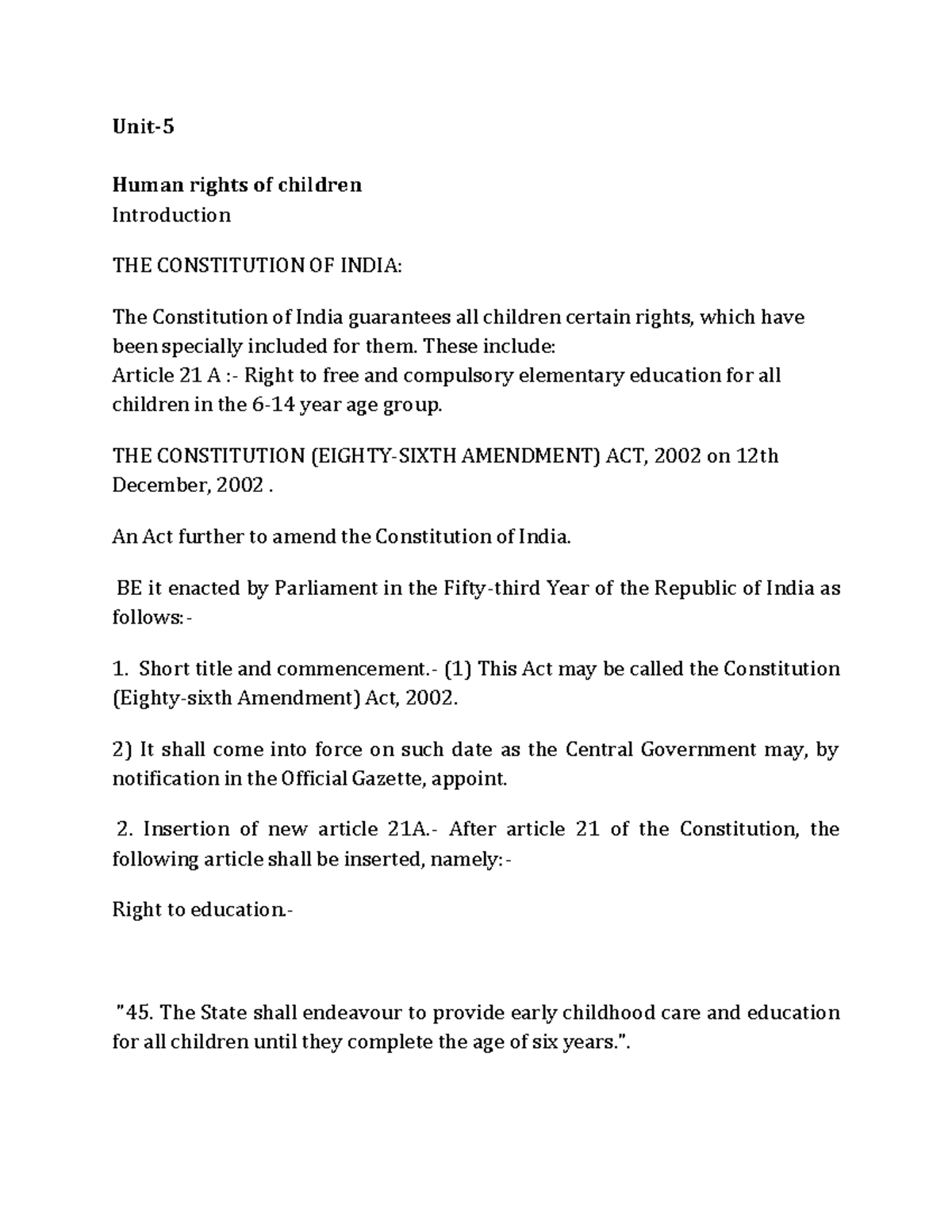 Unit 5 - Notes - Unit- Human rights of children Introduction THE ...