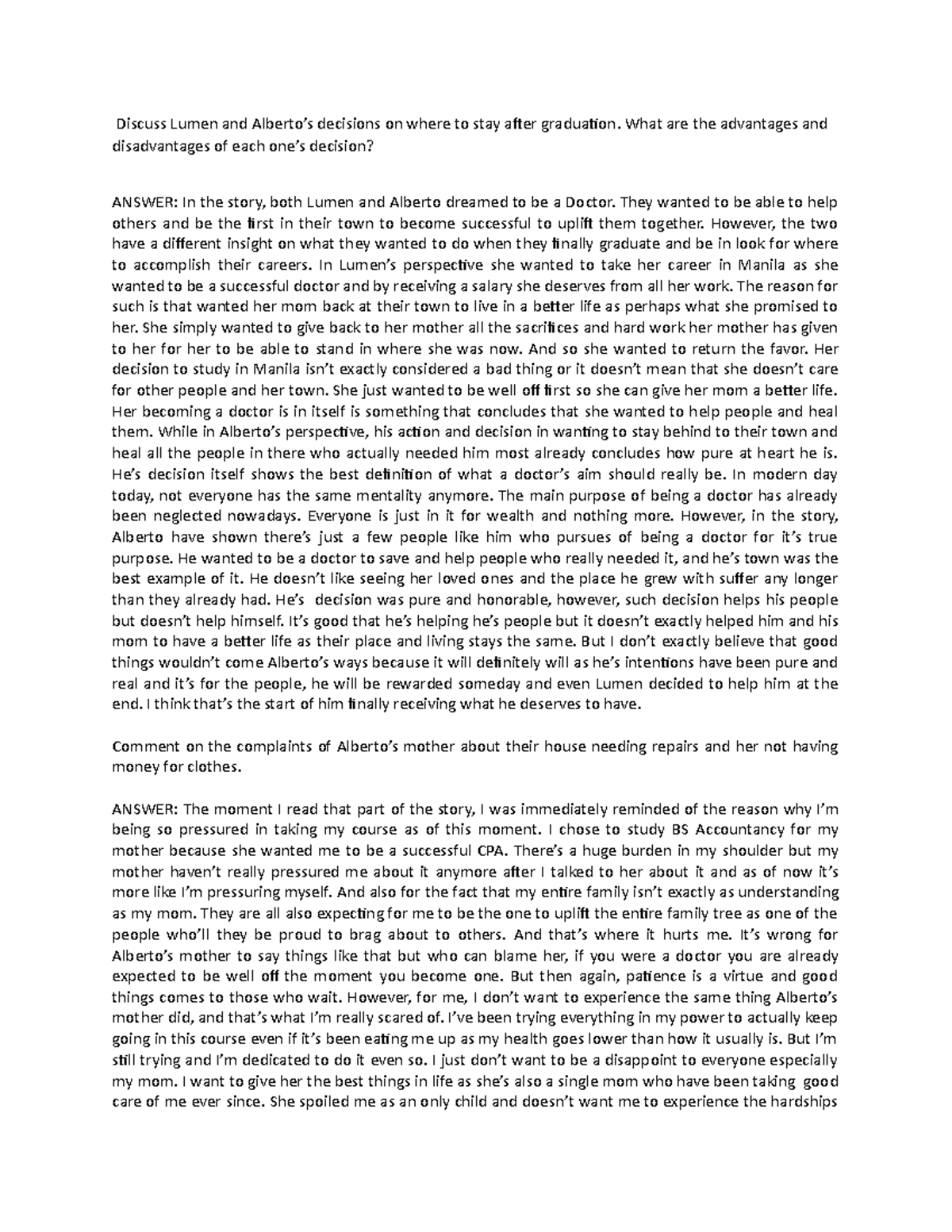 ENGE102 (Doctor) - It is an assignment regarding the story about Lumen and Alberto's dream of ...