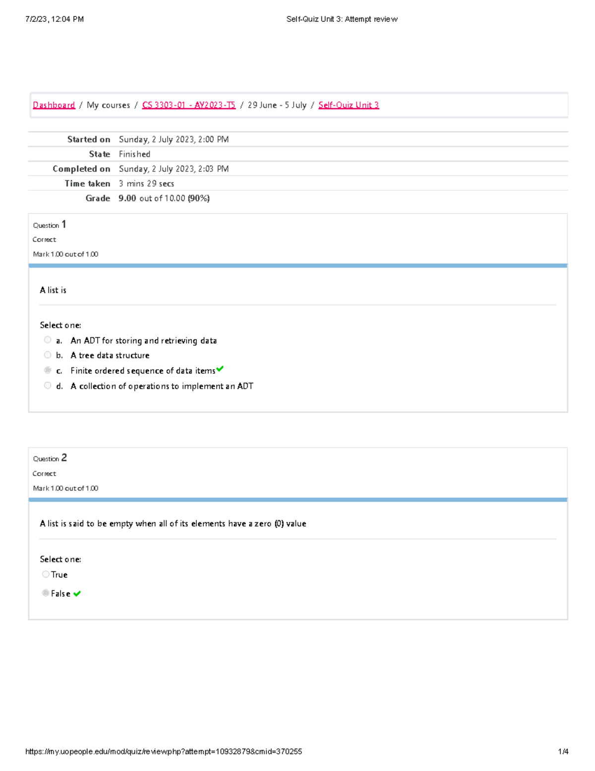 Self-Quiz Unit 3 Attempt review - CS 3303 - UoPeople - Studocu