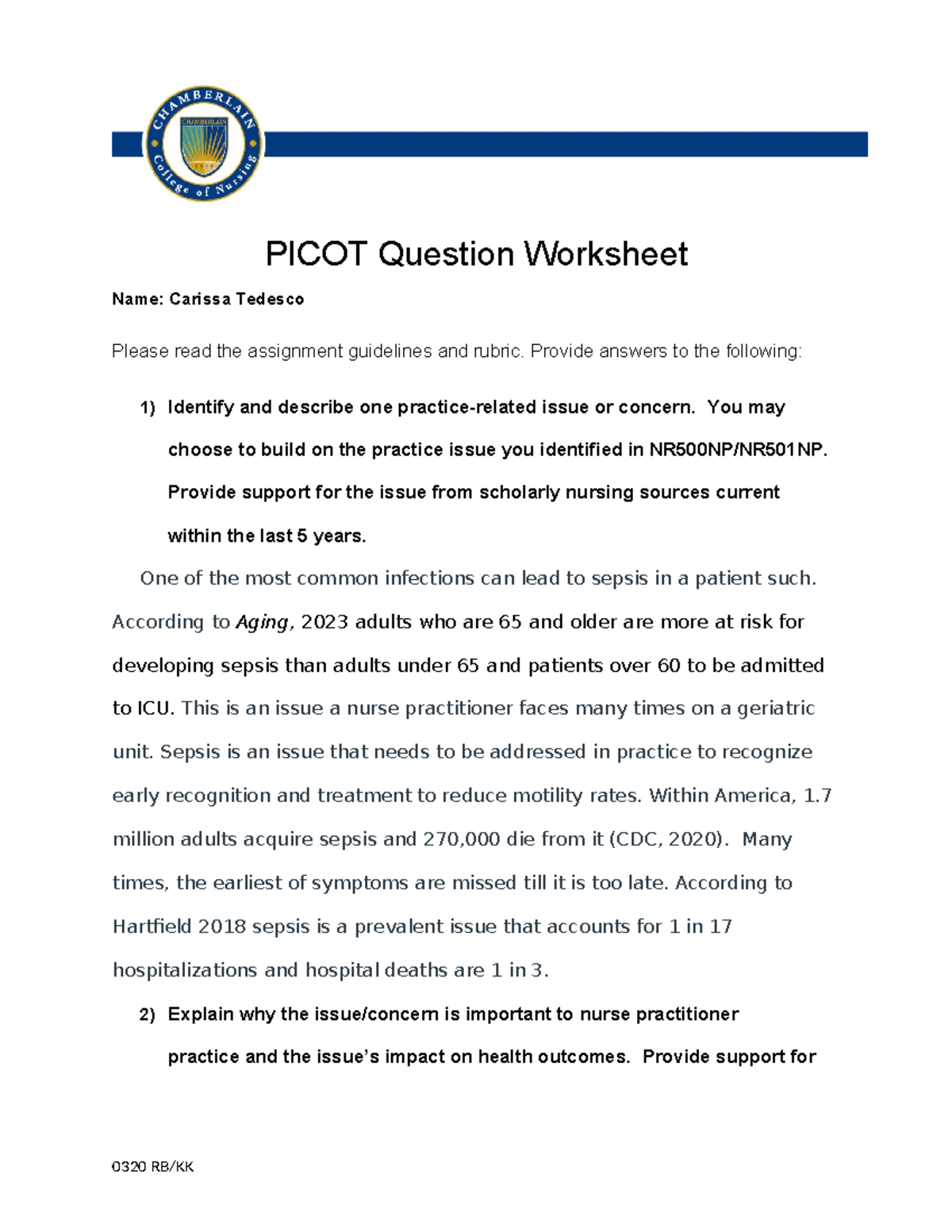 NR505NP Picot Question Worksheet 051220 - PICOT Question Worksheet Name ...