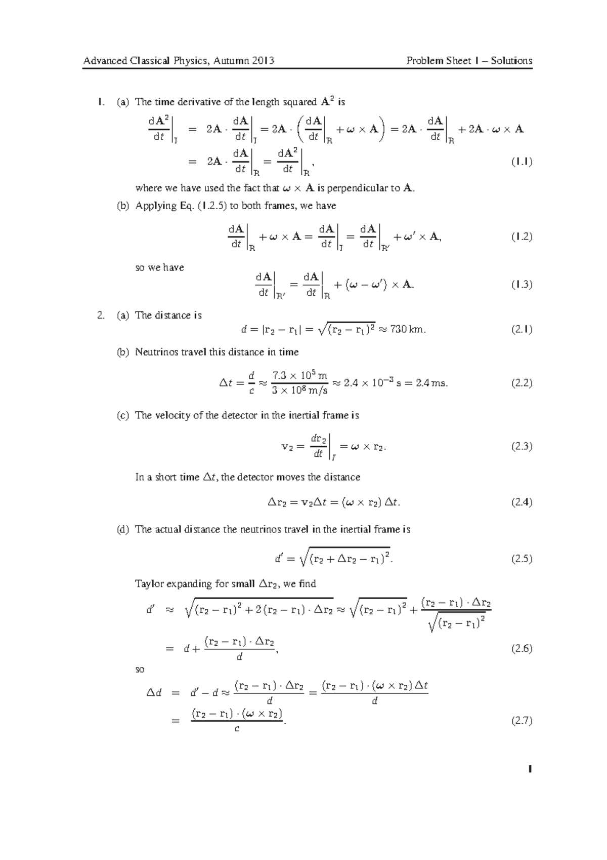 Advanced Classical Physics 2013-2014 Problem Sheet 1 - Solutions - (a ...