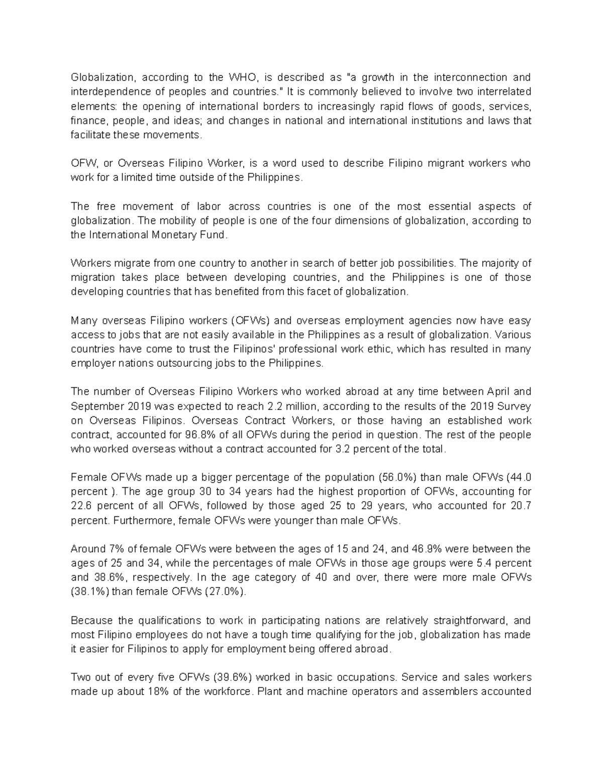 OFW and Globalization - Globalization, according to the WHO, is ...