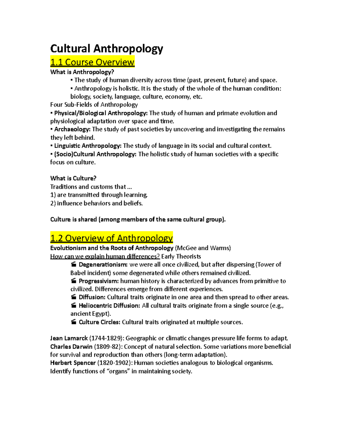 Cultural anthro exam 1 notes - Cultural Anthropology 1 Course Overview ...