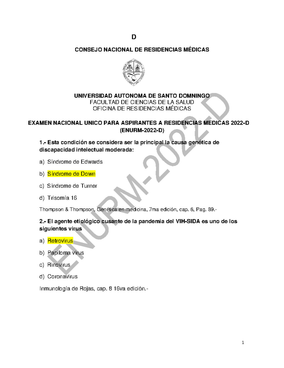 Enurm-2022-D, RESP - Examen unico de residencia medica - D CONSEJO ...