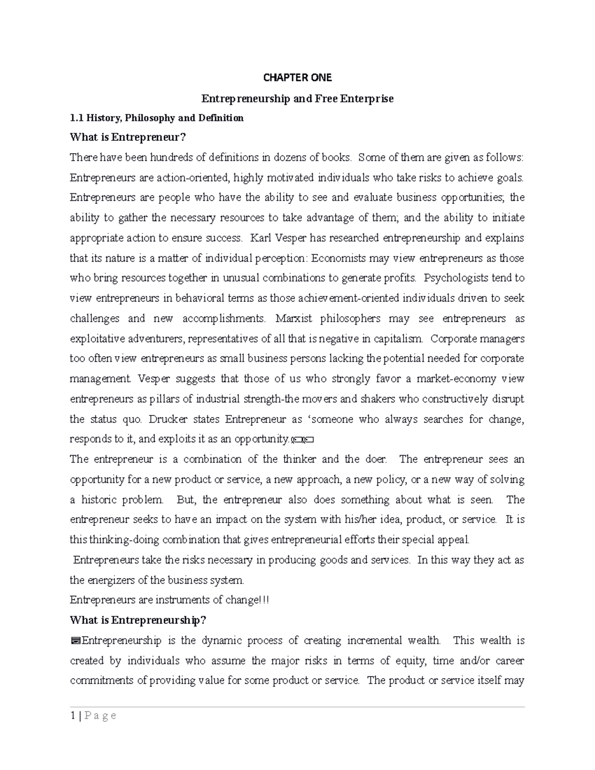 C-1E - CHAPTER ONE Entrepreneurship and Free Enterprise 1 History ...