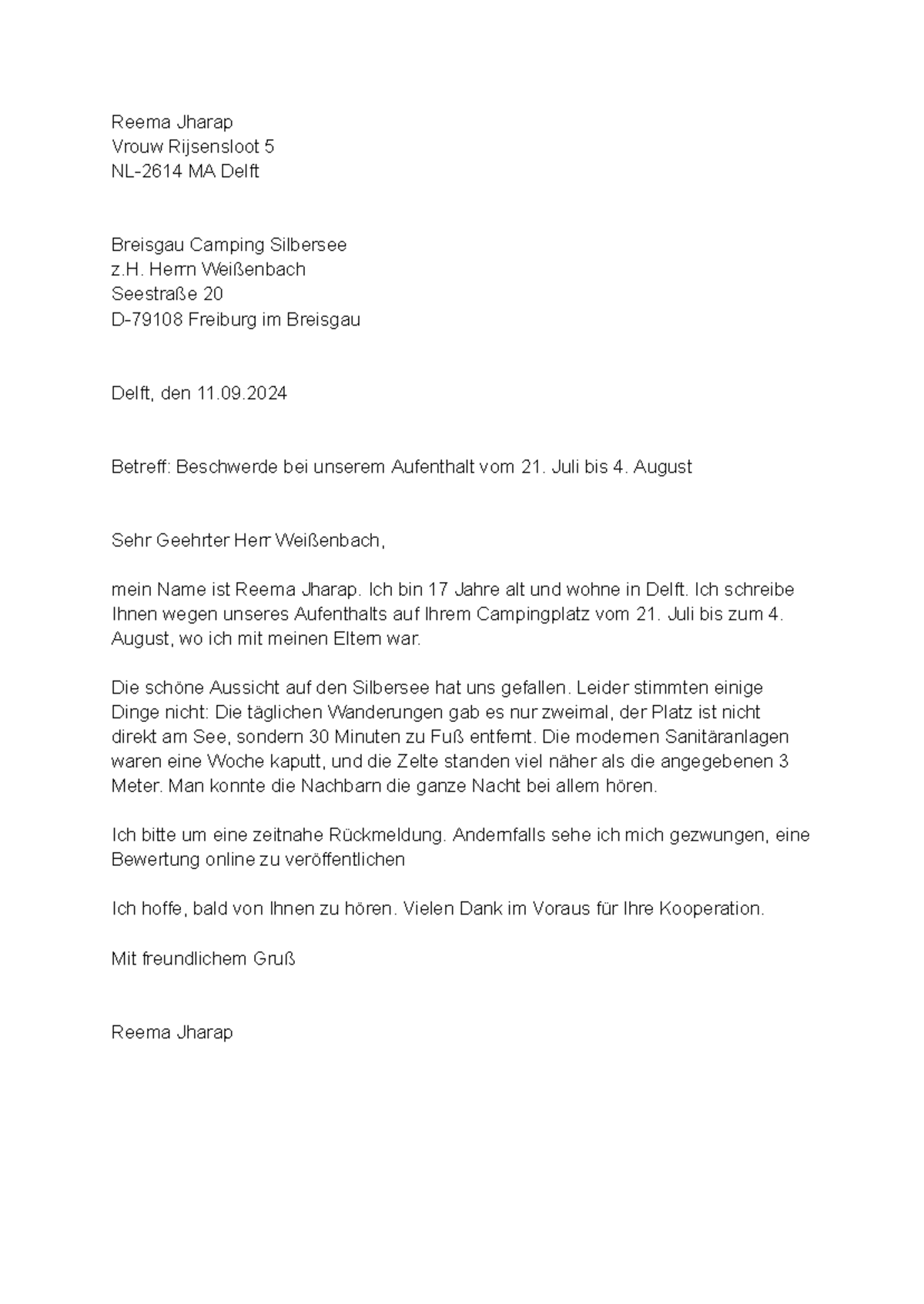 Duits formele brief - Reema Jharap Vrouw Rijsensloot 5 NL-2614 MA Delft Breisgau Camping ...