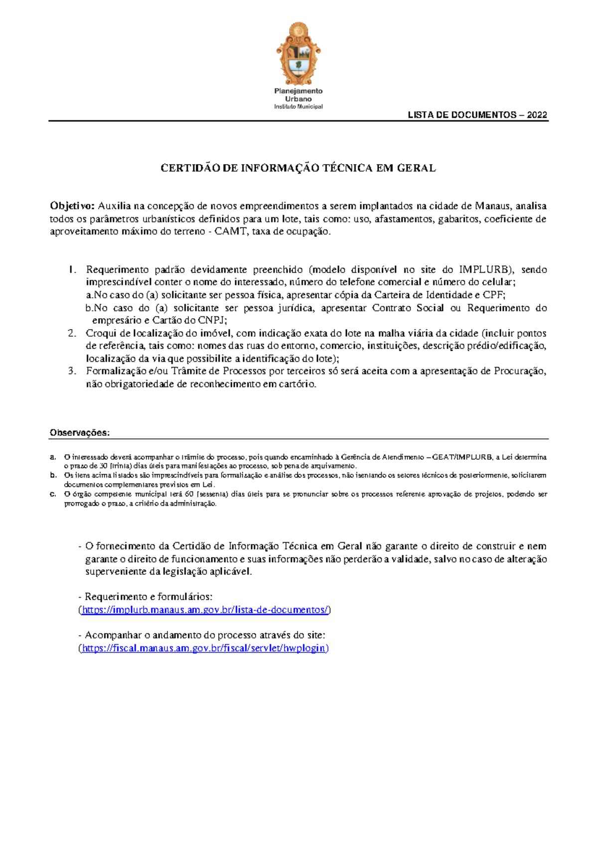 1-CIT Geral - LISTA DE DOCUMENTOS – 2022 CERTIDÃO DE INFORMAÇÃO TÉCNICA ...