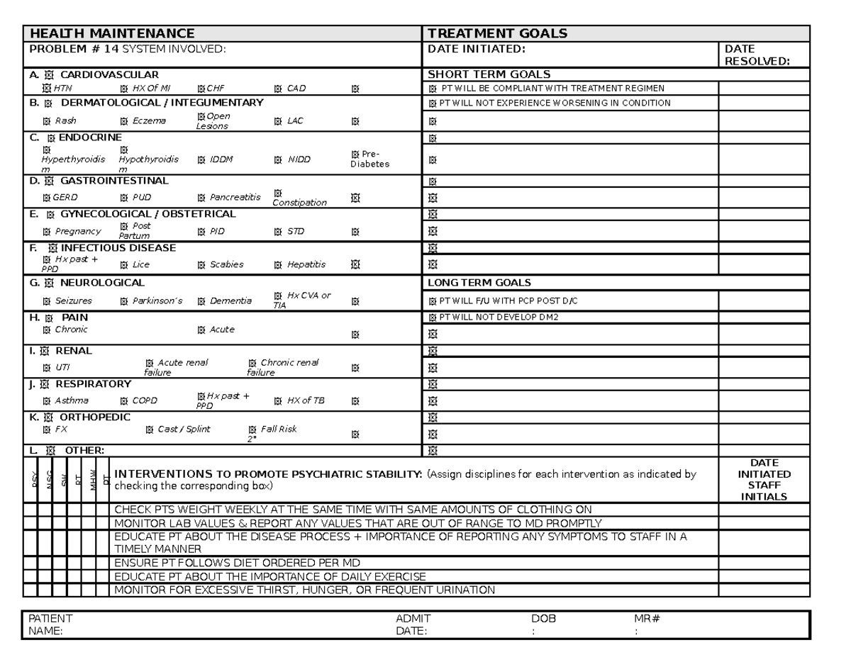 PRE- Diabetes - treatment plan - HEALTH MAINTENANCE TREATMENT GOALS ...