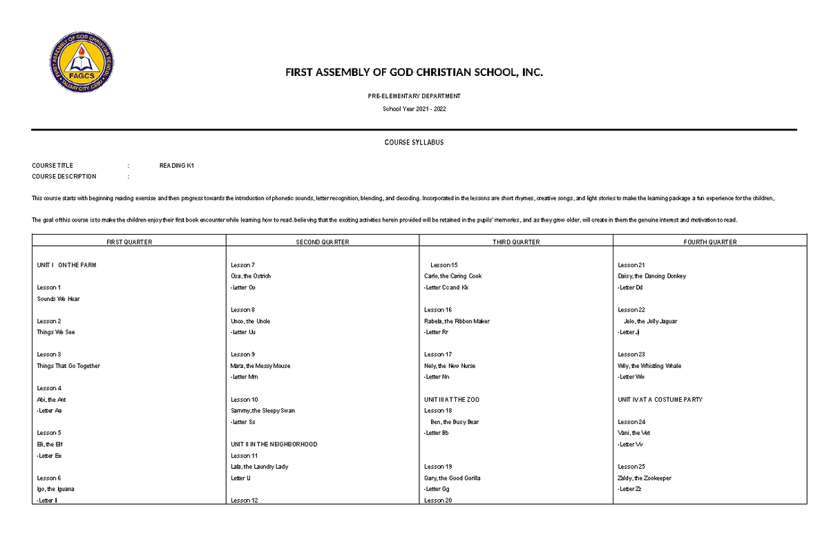 Syllabus Reading K1 - FIRST ASSEMBLY OF GOD CHRISTIAN SCHOOL, INC. PRE ...