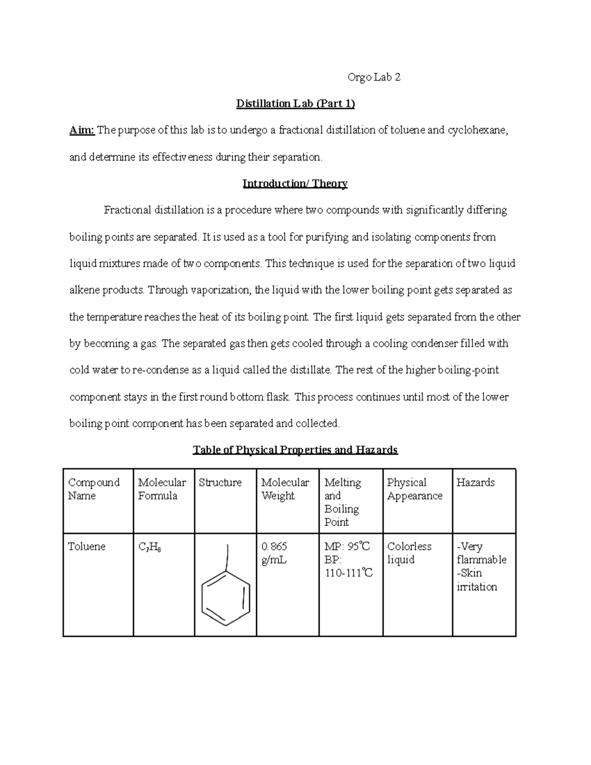 OChem Lab Report 3 - Orgo Lab 2 Distillation Lab (Part 1) Aim: The ...