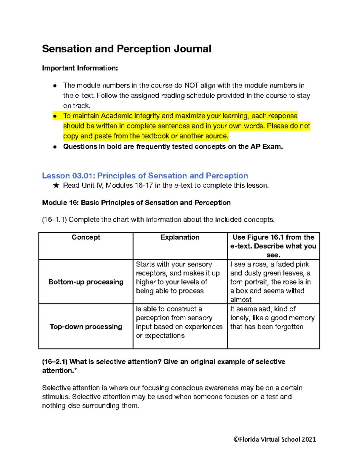 Module 3, Ap psych journal - Sensation and Perception Journal Important ...