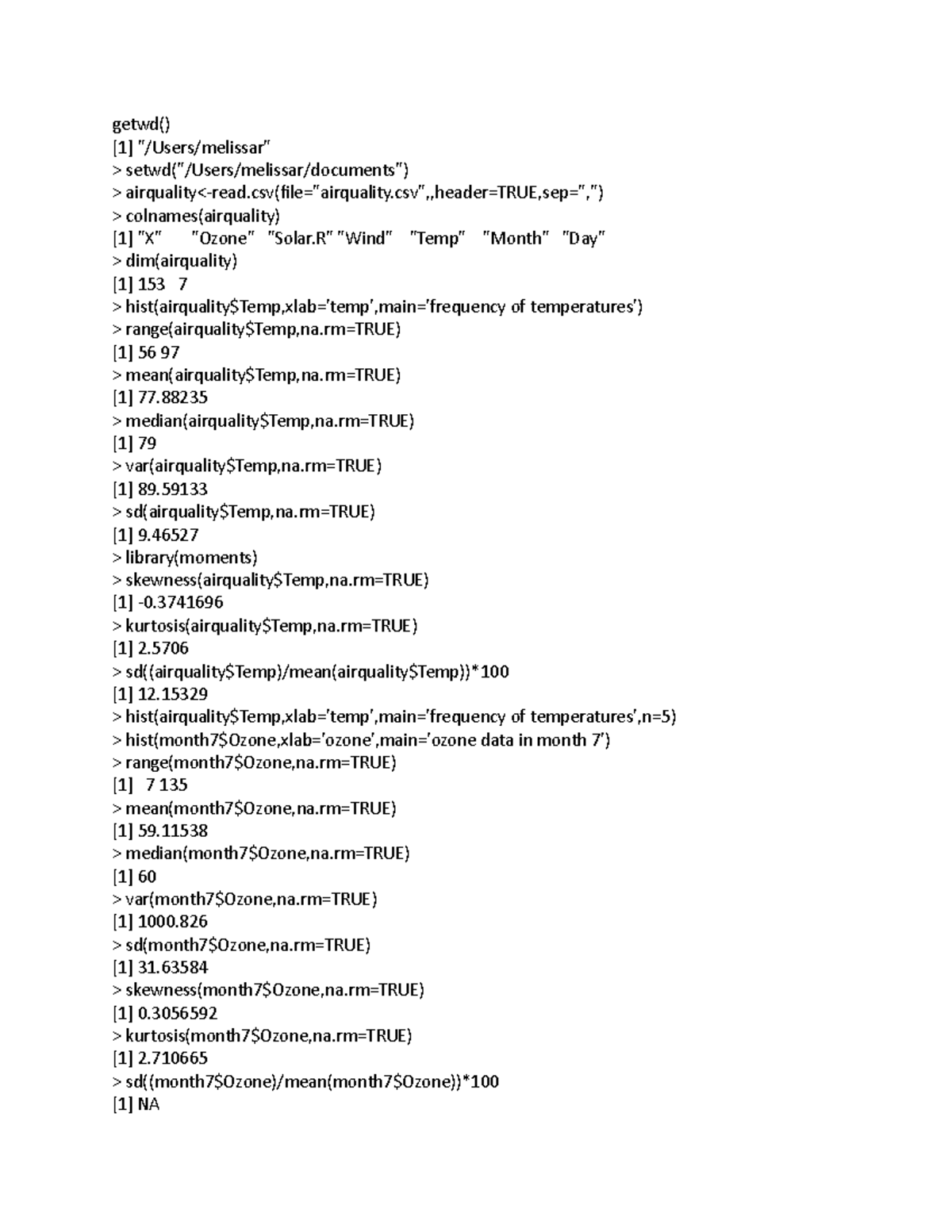 R lab Exam #1 consule - answers - getwd() [1] "/Users/melissar" - Studocu