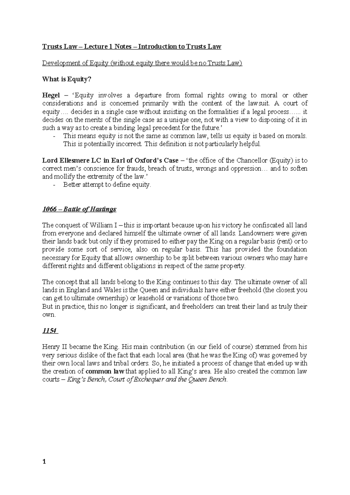 Trusts Law - Lecture 1 Notes on Equity and Trusts - Trusts Law ...