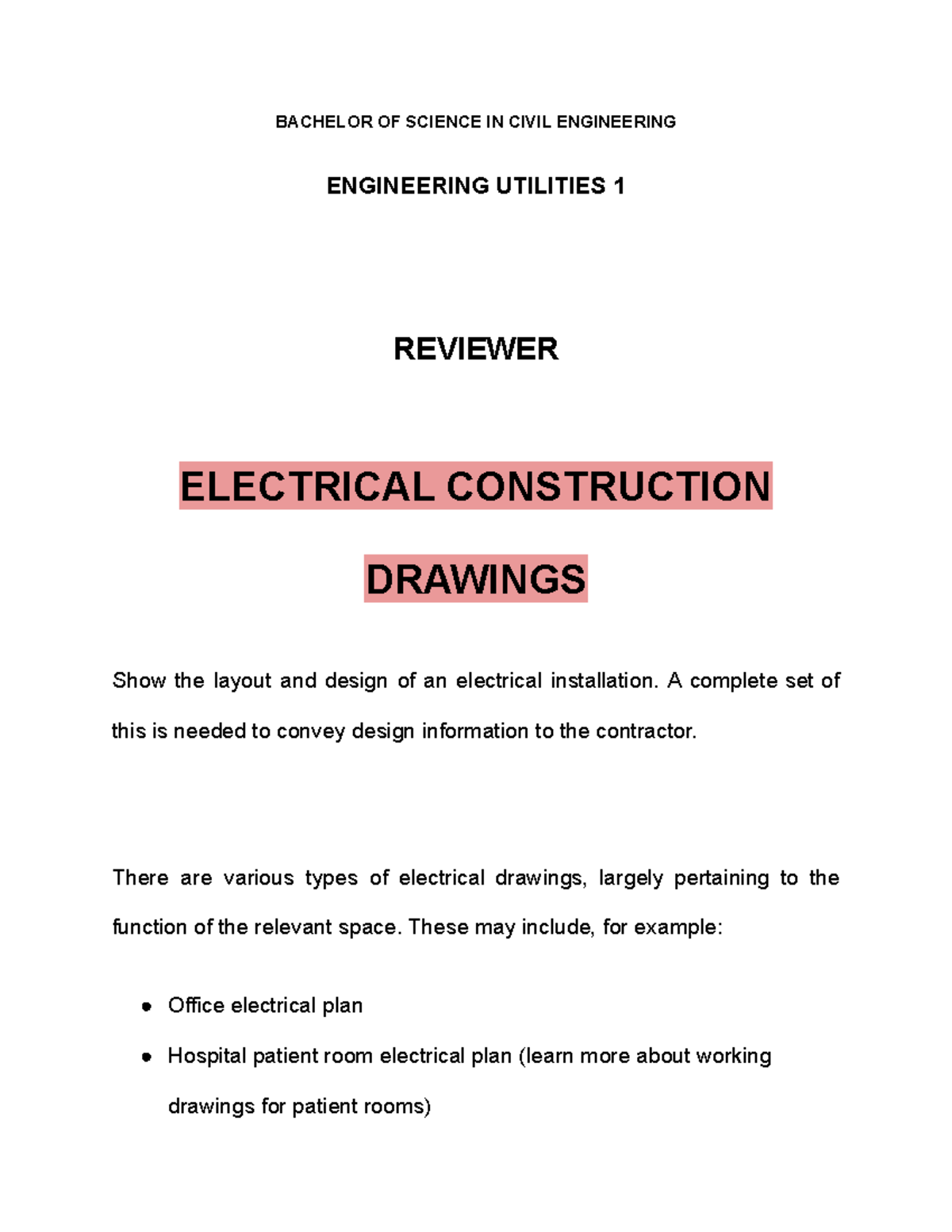 Electrical Construction Drawings - Engineering Utilities 1 - BACHELOR ...