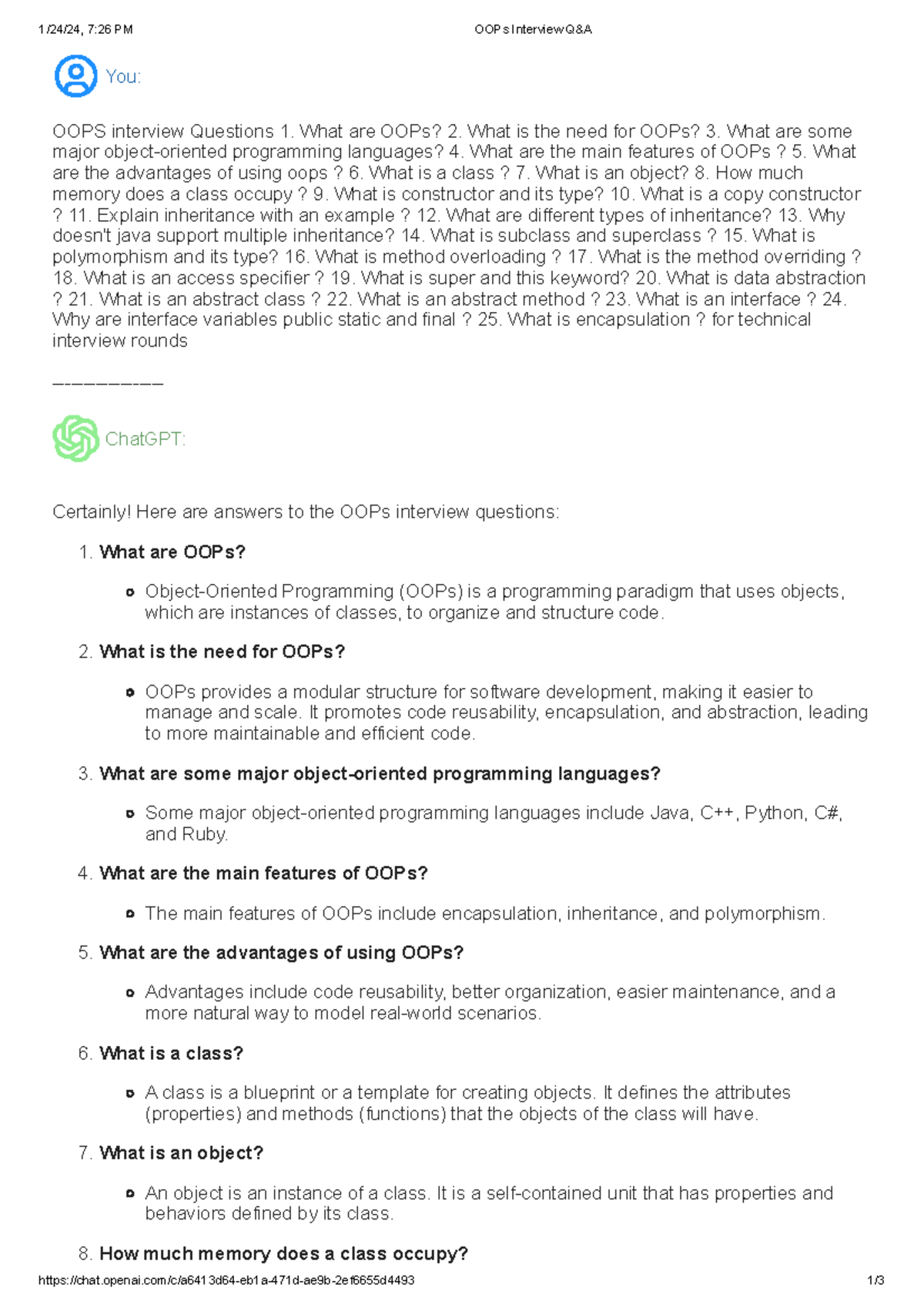 OOPS - Try this - 1/24/24, 7:26 PM OOPs Interview Q&A - Studocu