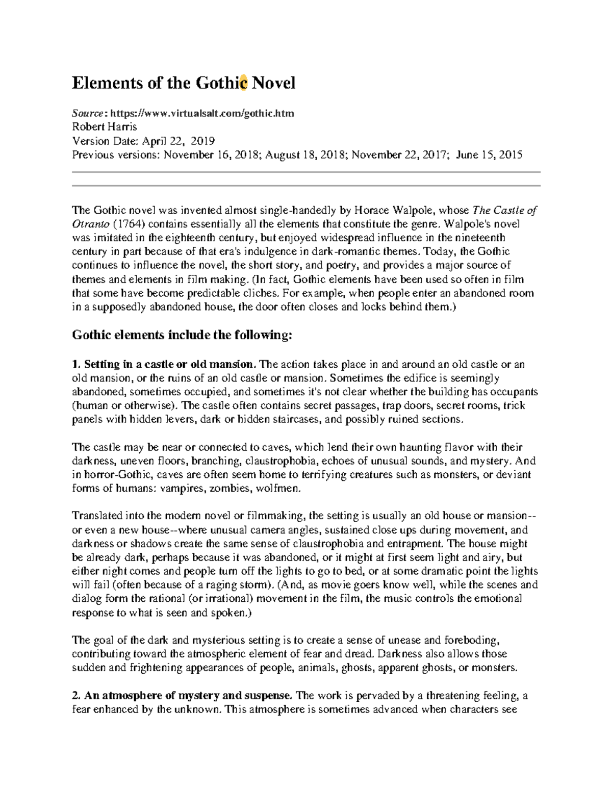 Elements of the Gothic Novel Handout - Elements of the Gothic Novel ...