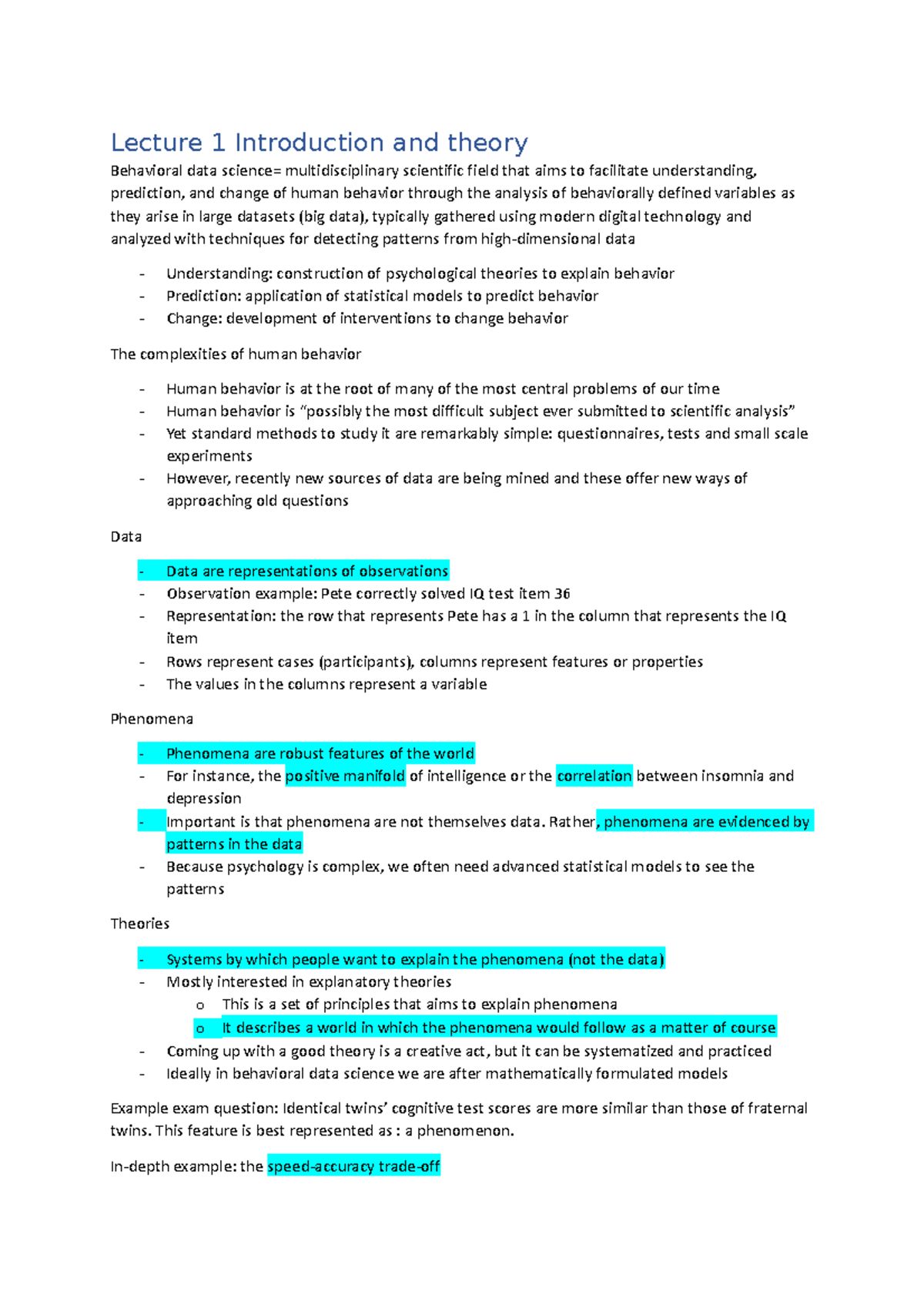 Behavioral data science - Lecture 1 Introduction and theory Behavioral data science= - Studeersnel