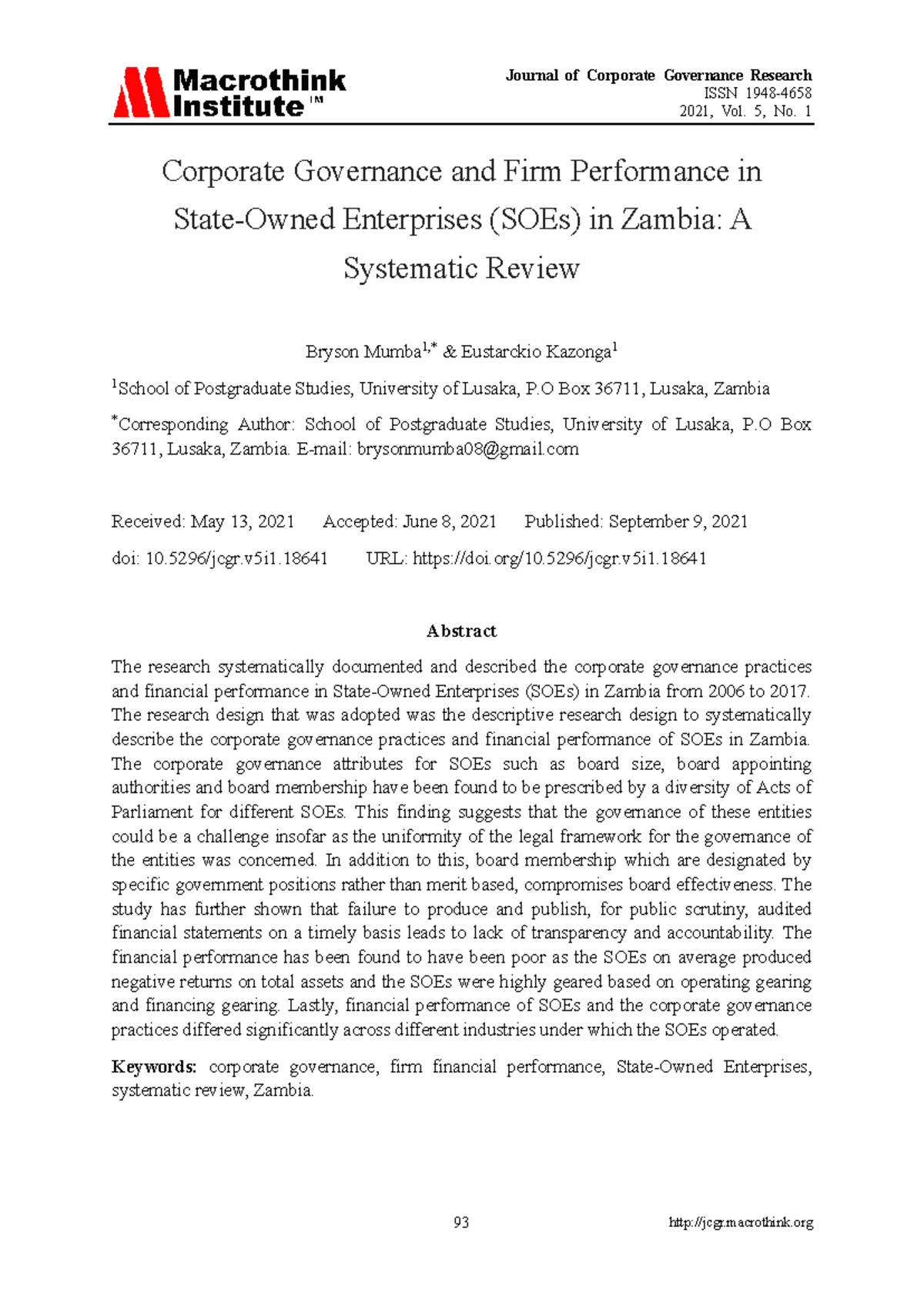 Corporate Governance and Firm Performanc 121145 - ISSN 1948- 2021, Vol ...