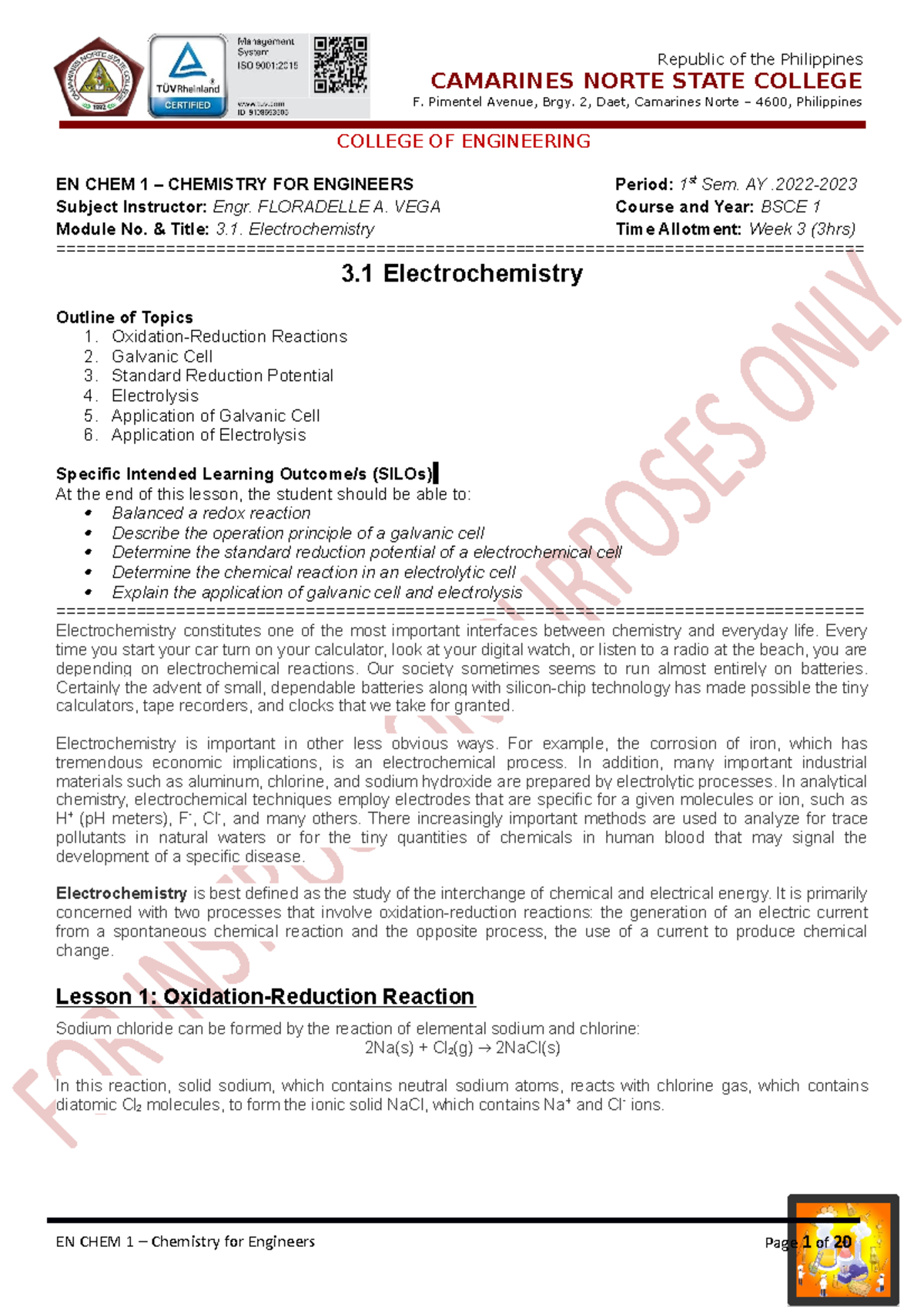 03-electrochemistry - electrochemistry - EN CHEM 1 – CHEMISTRY FOR ...