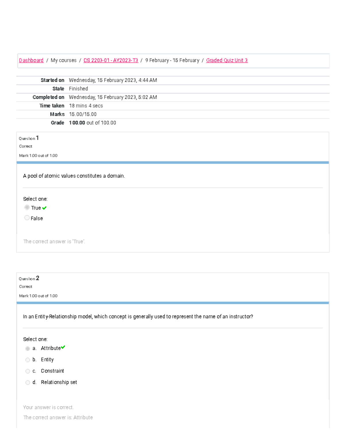 Databases 1.Graded Quiz Unit 3 - Started on Wednesday, 15 February 2023 ...