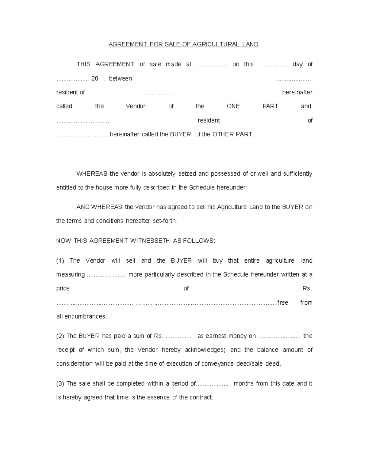 Agreement for sale of agriculture land - AGREEMENT FOR SALE OF ...