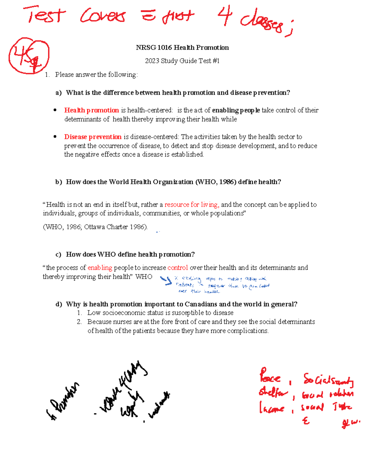 Test 1 Study guide (1) health promotion - NRSG 1016 Health Promotion ...