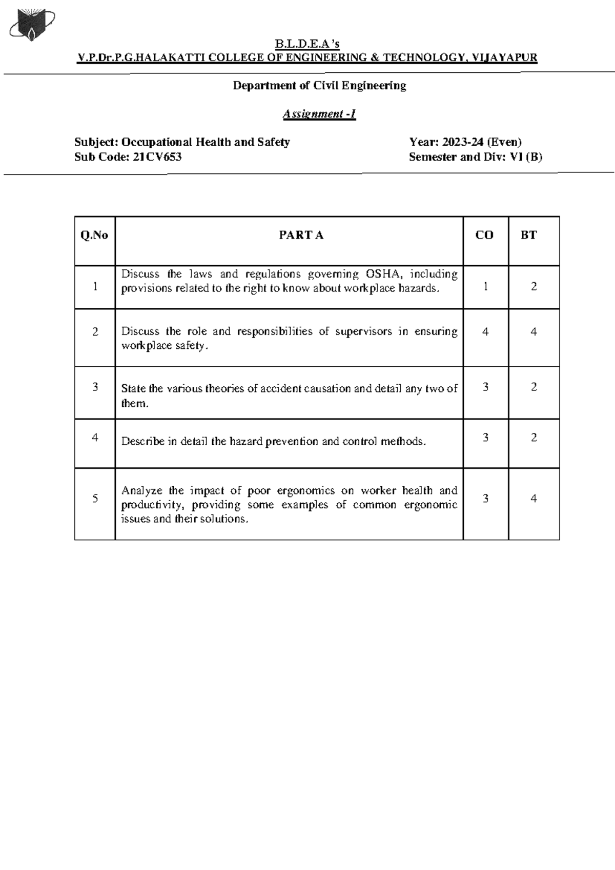 Assignment 1 Osha 23 24 B L D Es V P Dr P G College Of Engineering And Technology Vijayapur