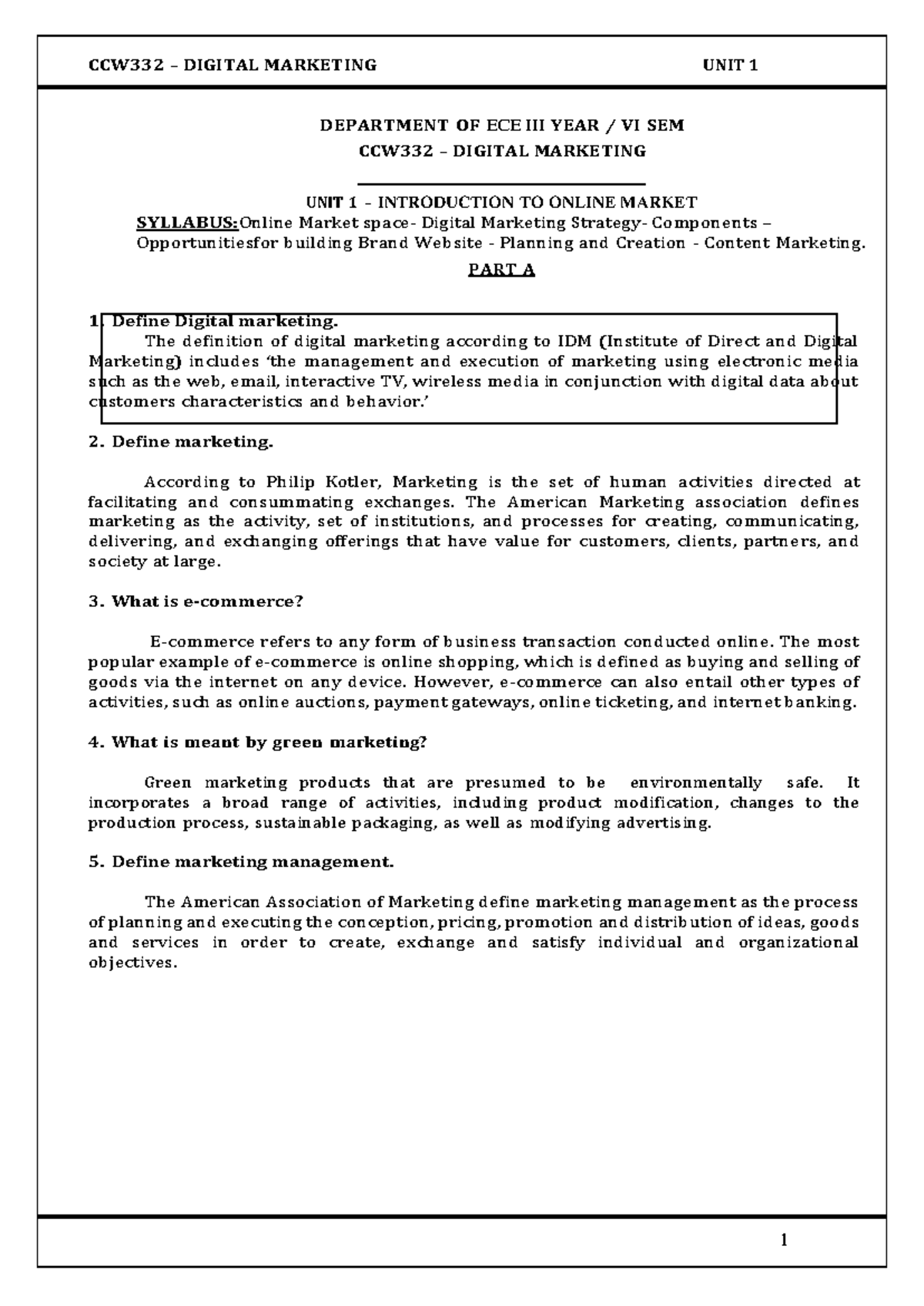 DM UNIT 1 - UNIT 1 – INTRODUCTION TO ONLINE MARKET SYLLABUS:Online ...