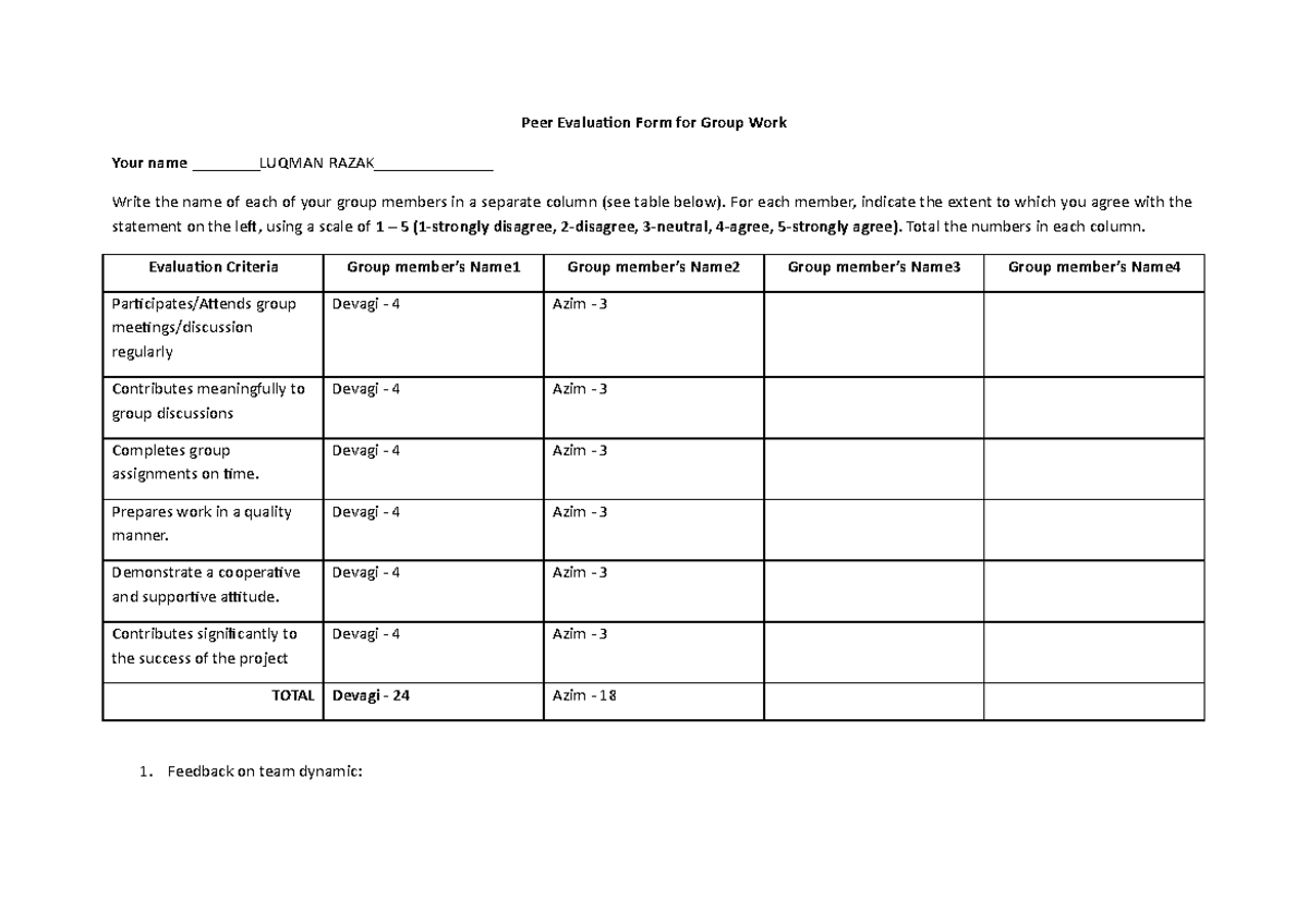 Peer Evaluation Form for Group Work - For each member, indicate the ...