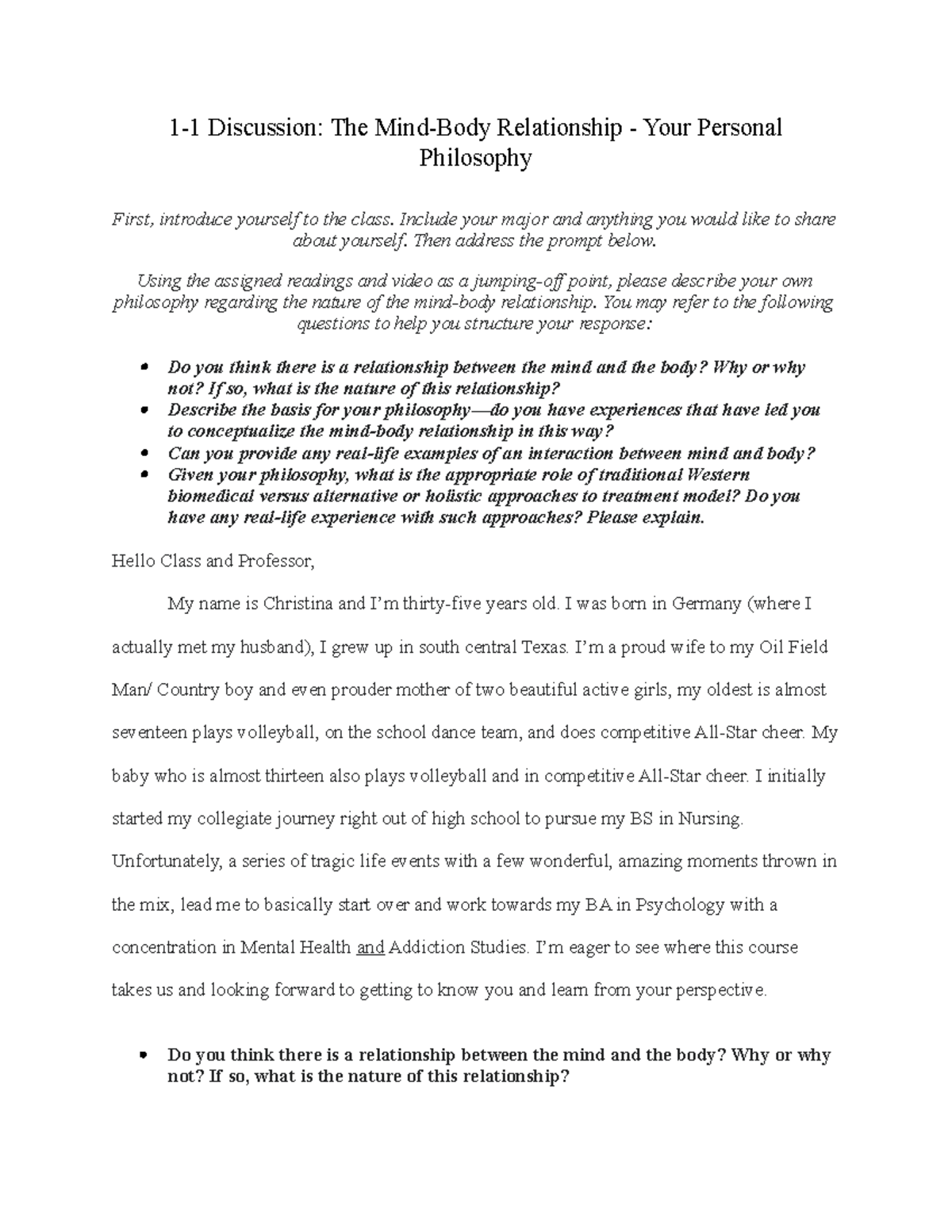 1-1 Discussion The Mind-Body Relationship - Your Personal Philosophy ...