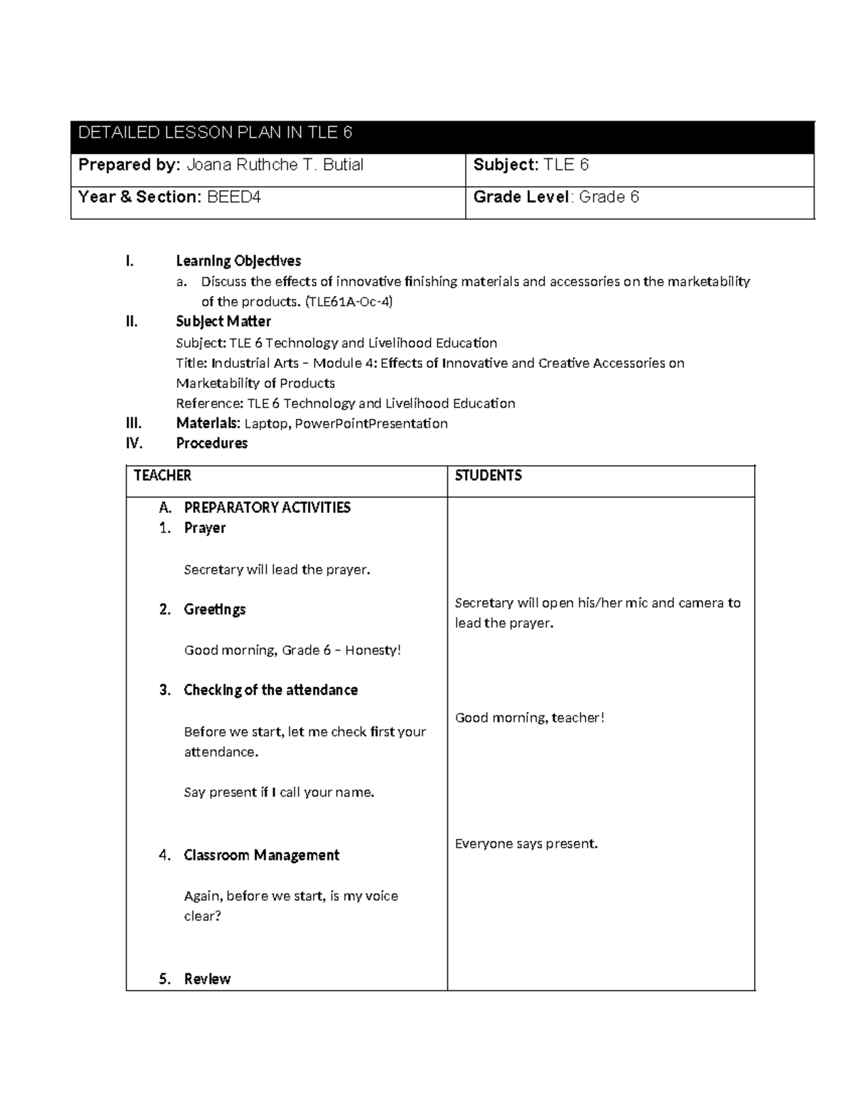 Detailed Lesson PLAN TLE 6 - DETAILED LESSON PLAN IN TLE 6 Prepared by ...