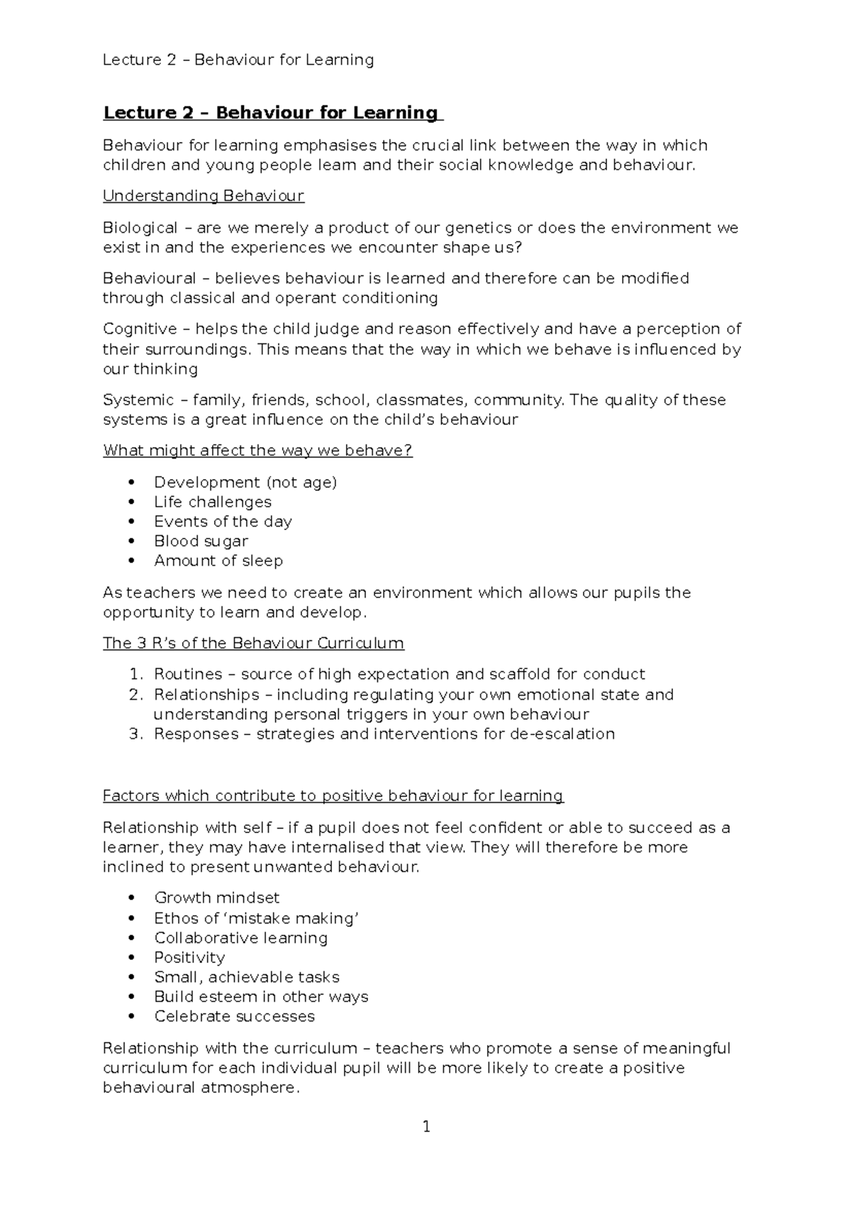 Behaviour for Learning - Lecture 2 – Behaviour for Learning Lecture 2 ...