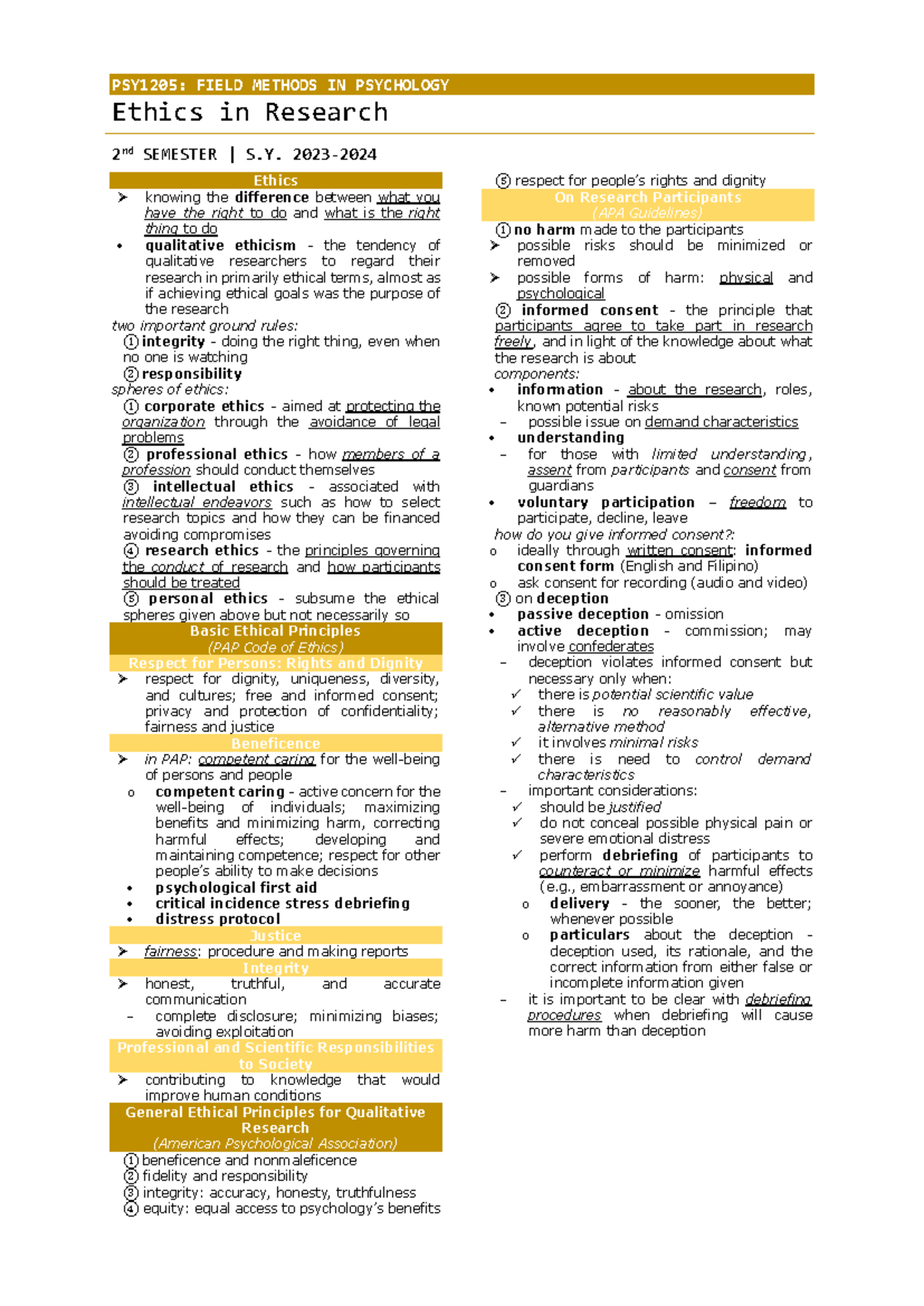 Ethics in Research + Observation and Survey methods - PSY1 205 : FIELD ...