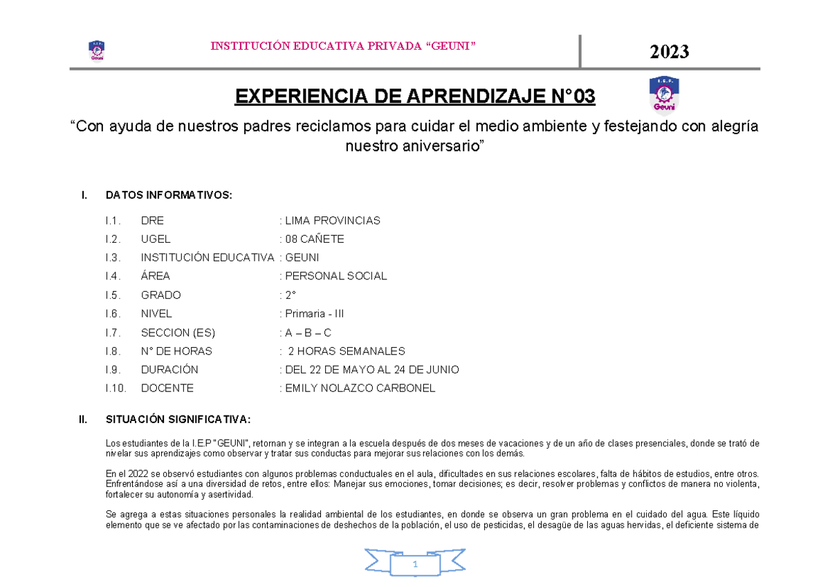 Experiencia DE Personal Social Geuni IIIY IV Unidad (1) (1) - 2023 ...