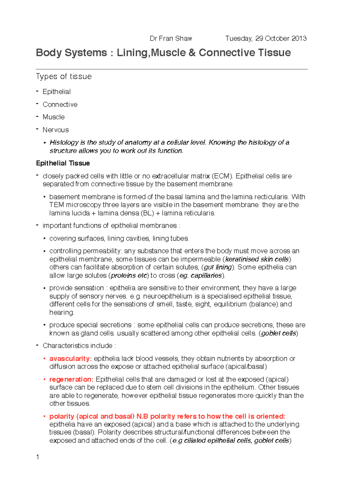 Lecture Notes Body Systems: Lining, Muscle & Connective Tissue ...