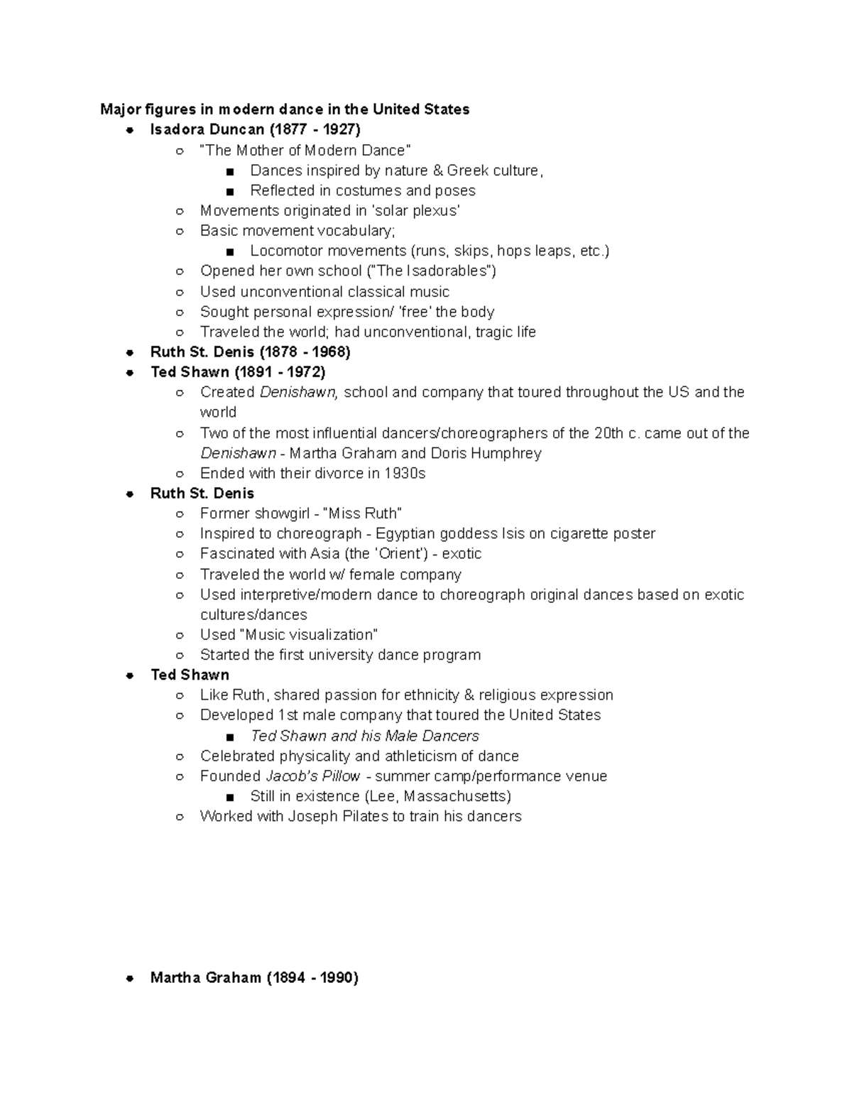 Lecture Notes, Modern Dance Notes - Major figures in modern dance in ...