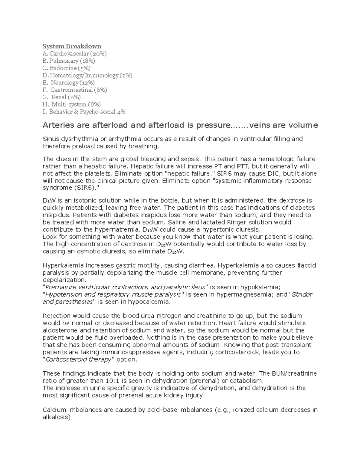 Ccrn notes 3 - System Breakdown A. Cardiovascular (20%) B. Pulmonary ...